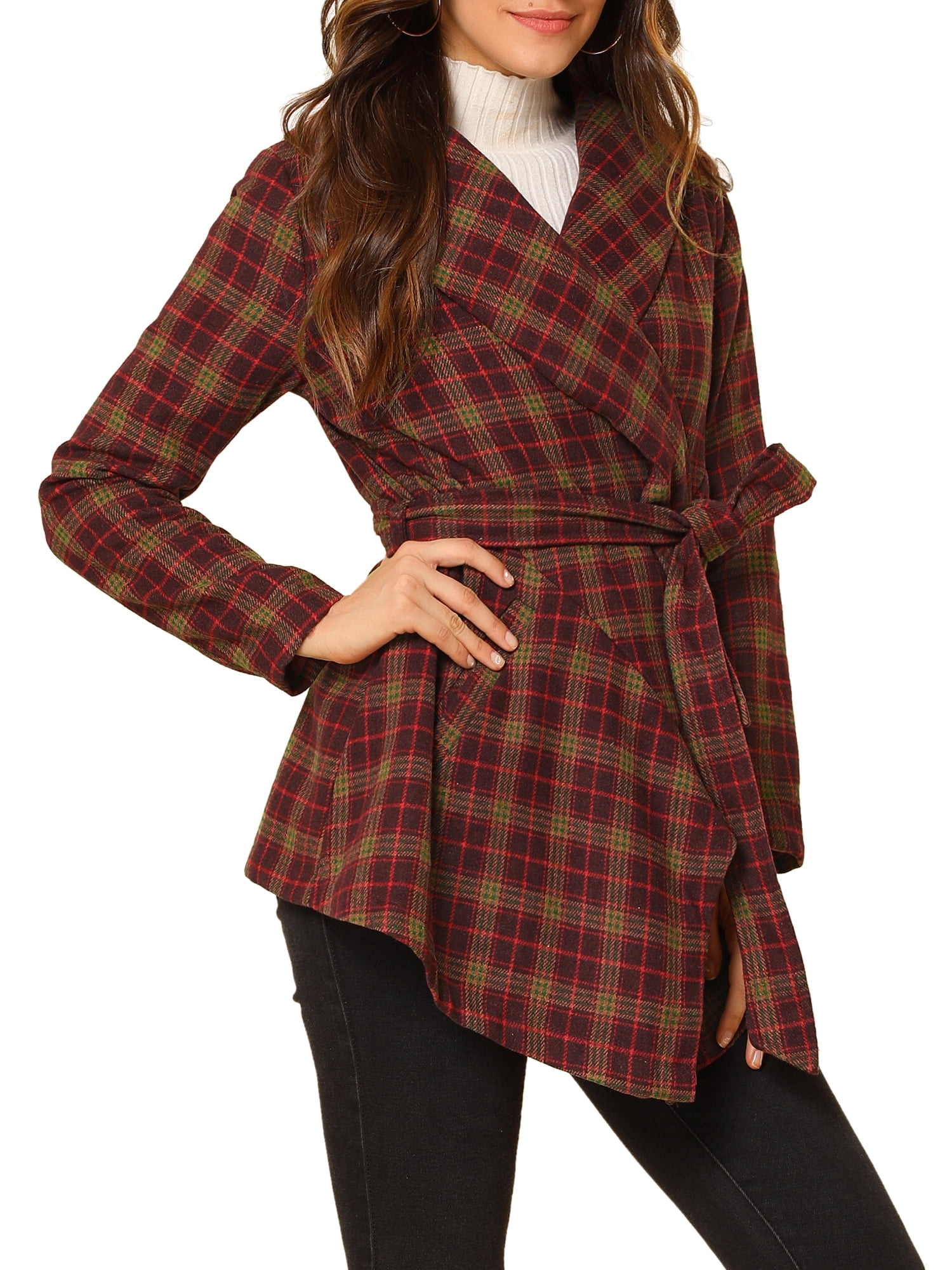 Unique Bargains Womens Plaids Asymmetric Hem Turn Down Collar Belted