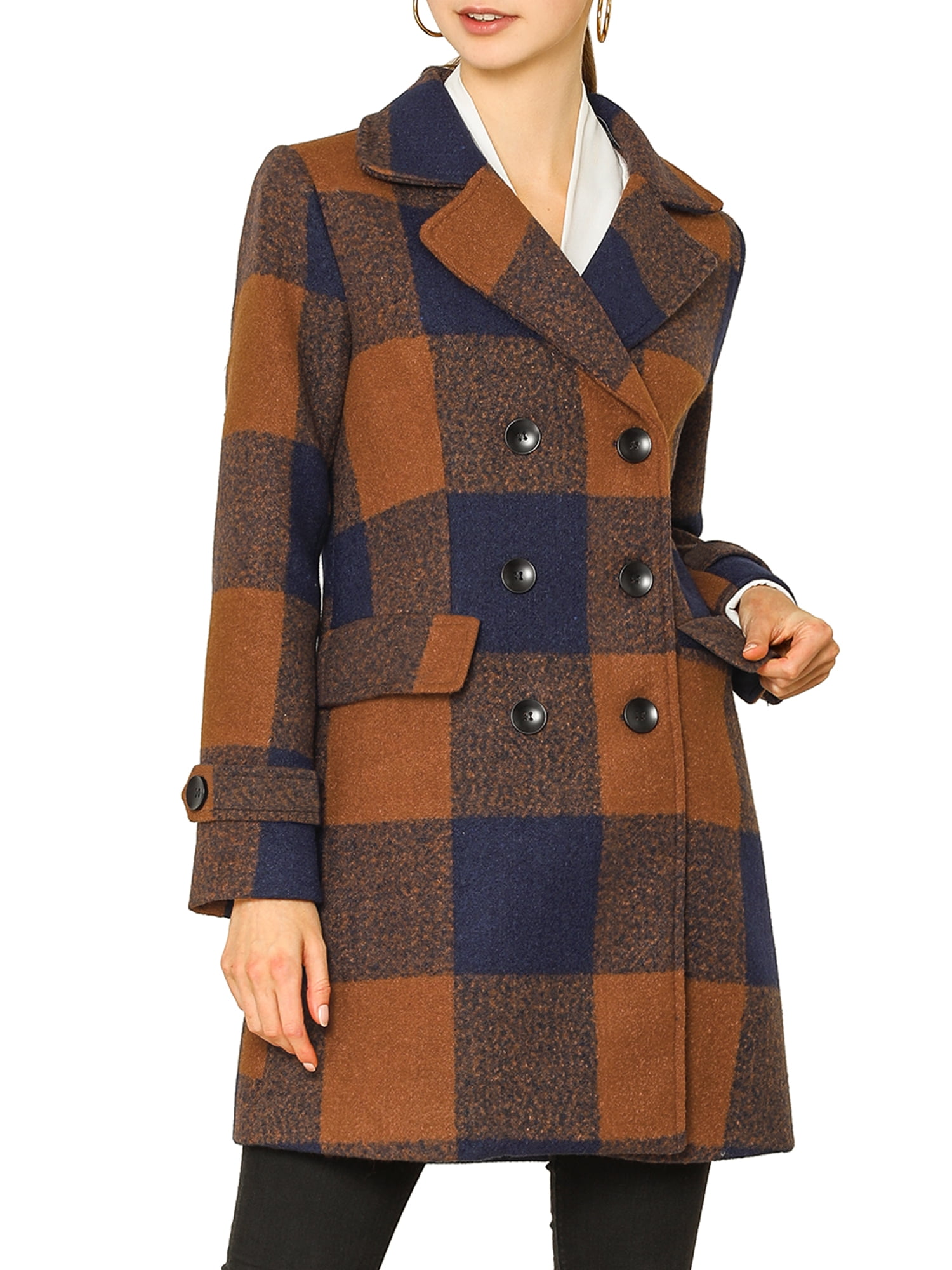 Unique Bargains Womens Plaids Double Breasted Notched Lapel Trench