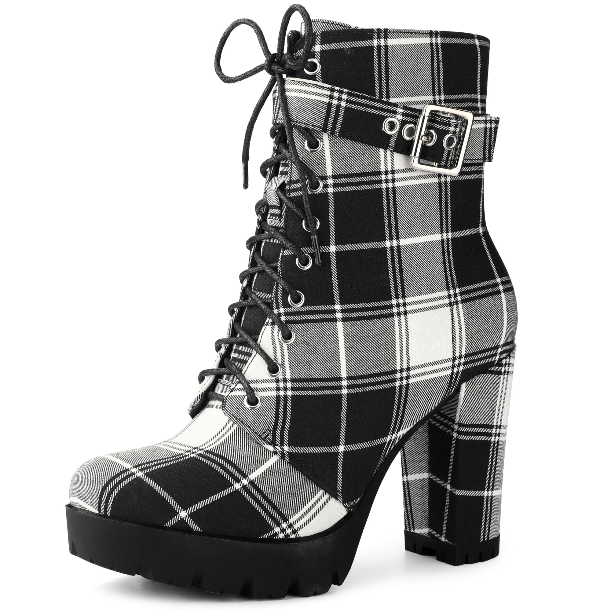 Unique Bargains Women's Platform Lace Up Chunky Heel Plaid Printing ...