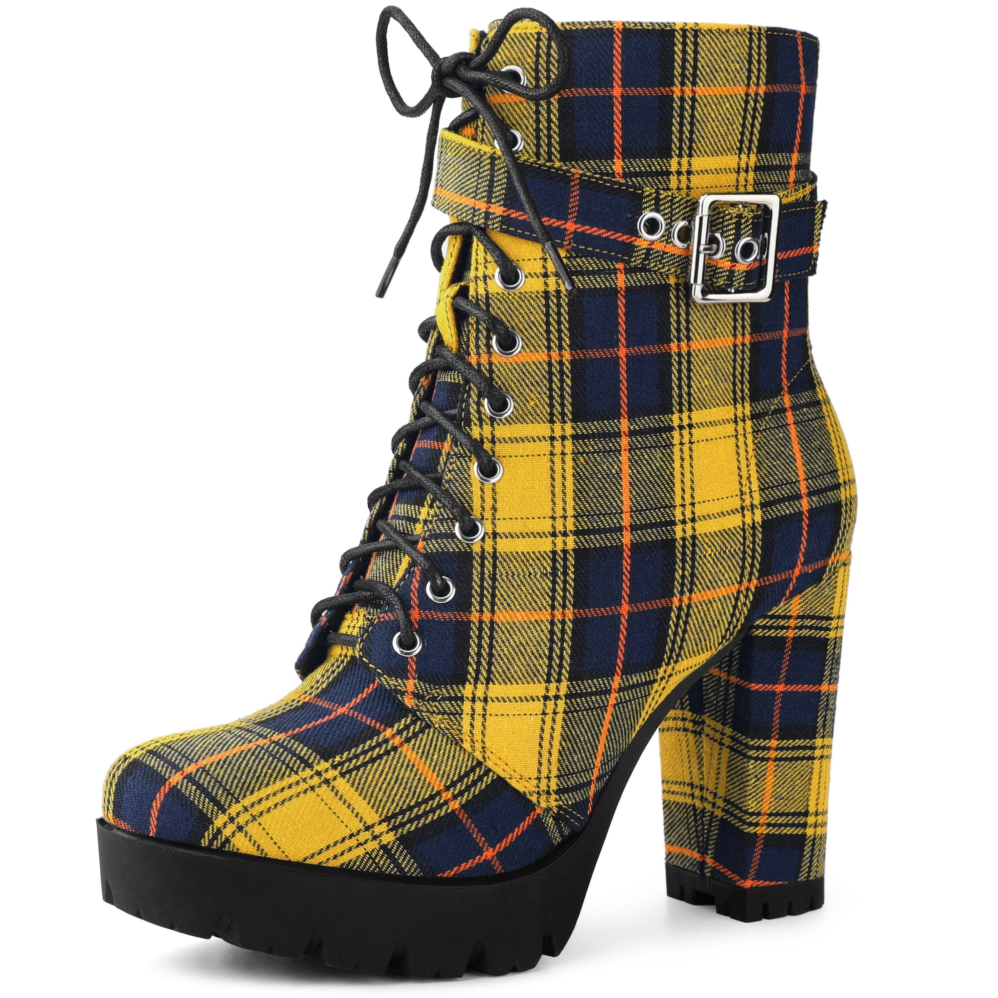 Unique Bargains Women's Platform Lace Up Chunky Heel Plaid Printing ...