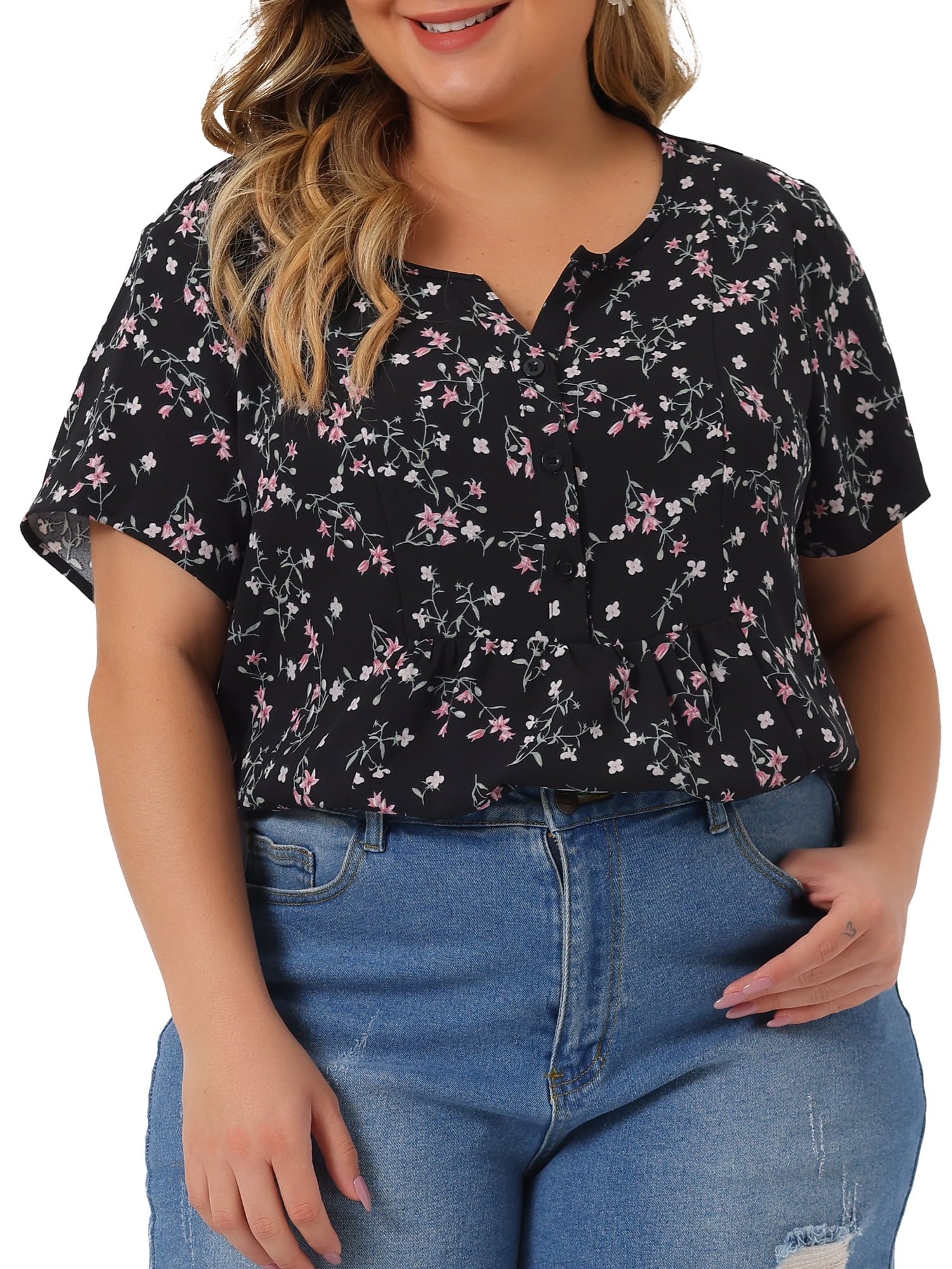 Unique Bargains Women's Plus Blouse Floral Half Placket Short Sleeve ...