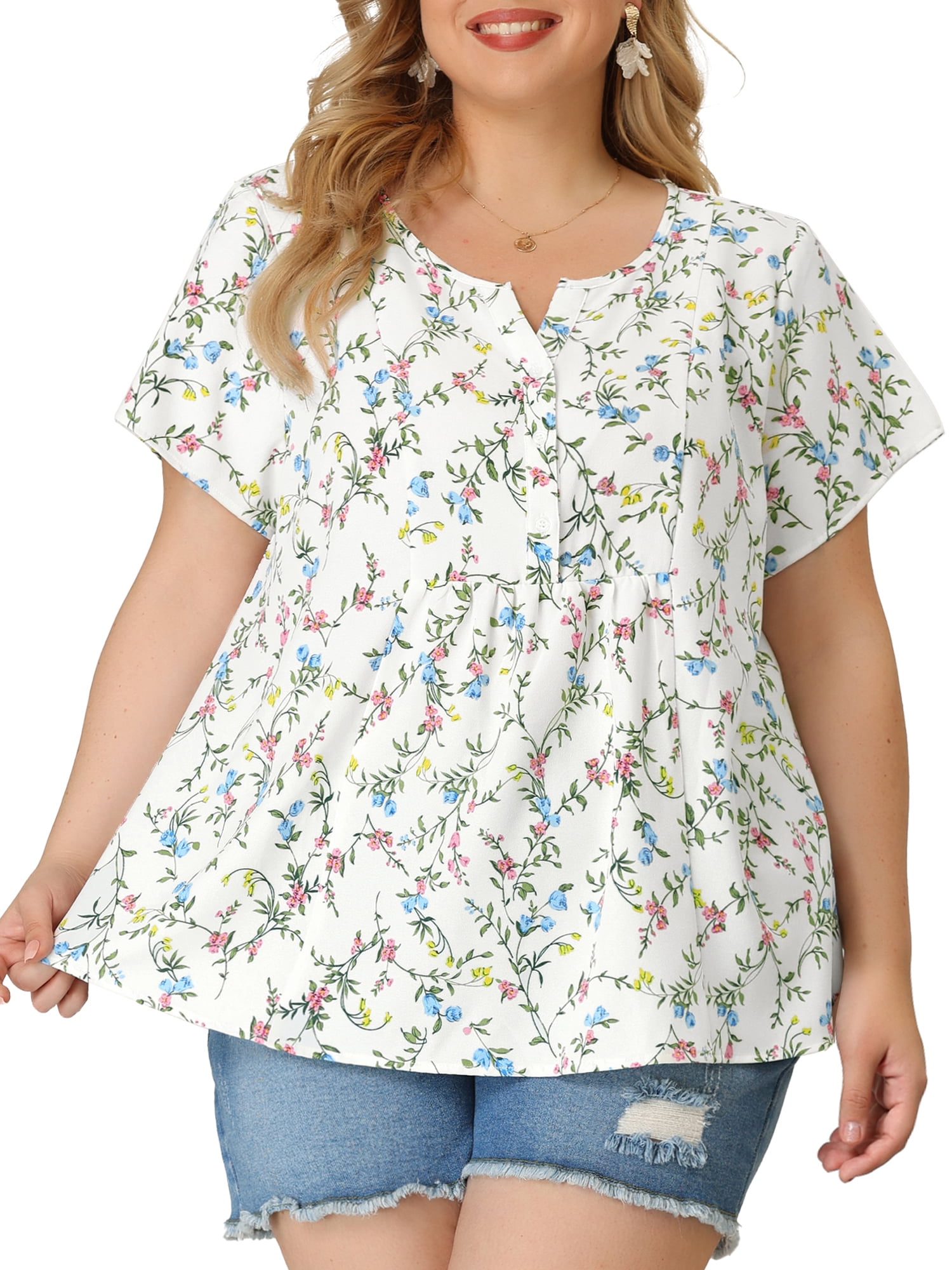 Unique Bargains Women's Plus Blouse Floral Half Placket Short Sleeve ...