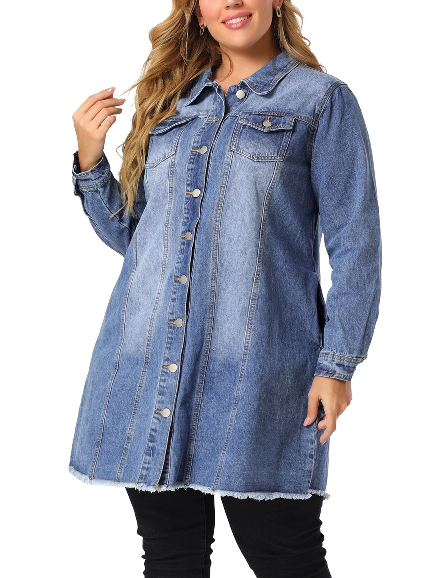 Unique Bargains Women's Plus Jeans Long Sleeve Long Denim Jackets ...