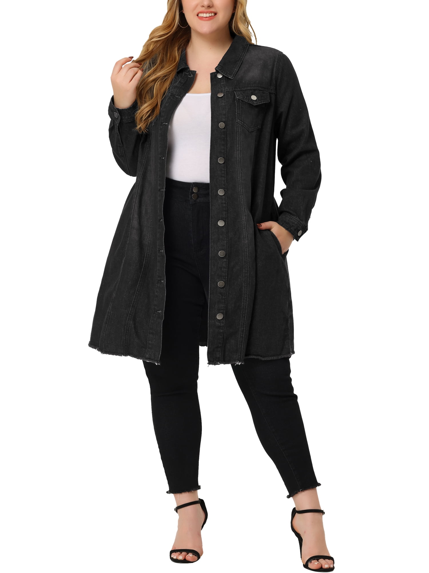 Unique Bargains Women's Plus Jeans Long Sleeve Long Denim Jackets ...