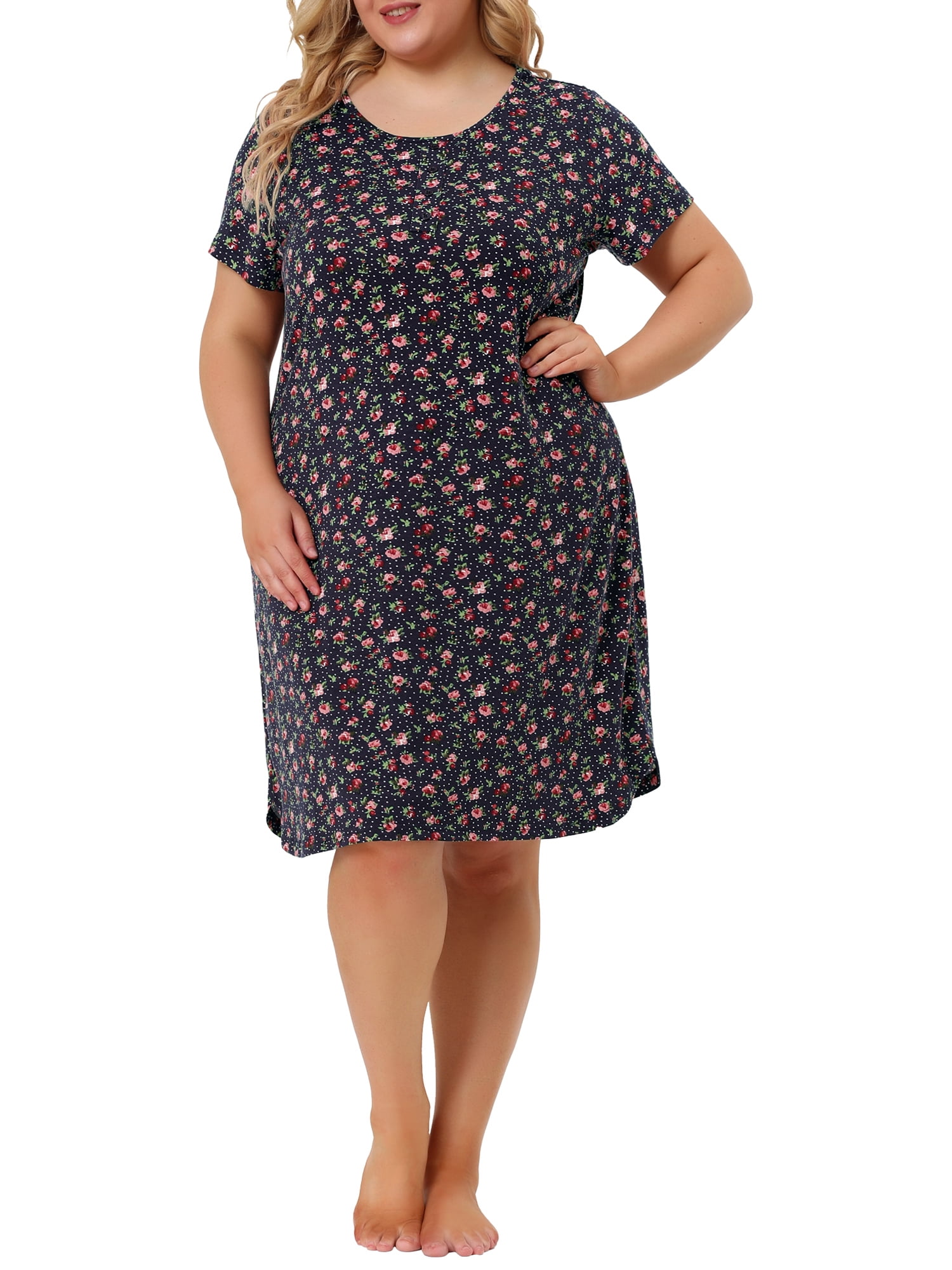 Unique Bargains Women's Plus Nightgown Pattern Short Sleeve Round Neck ...