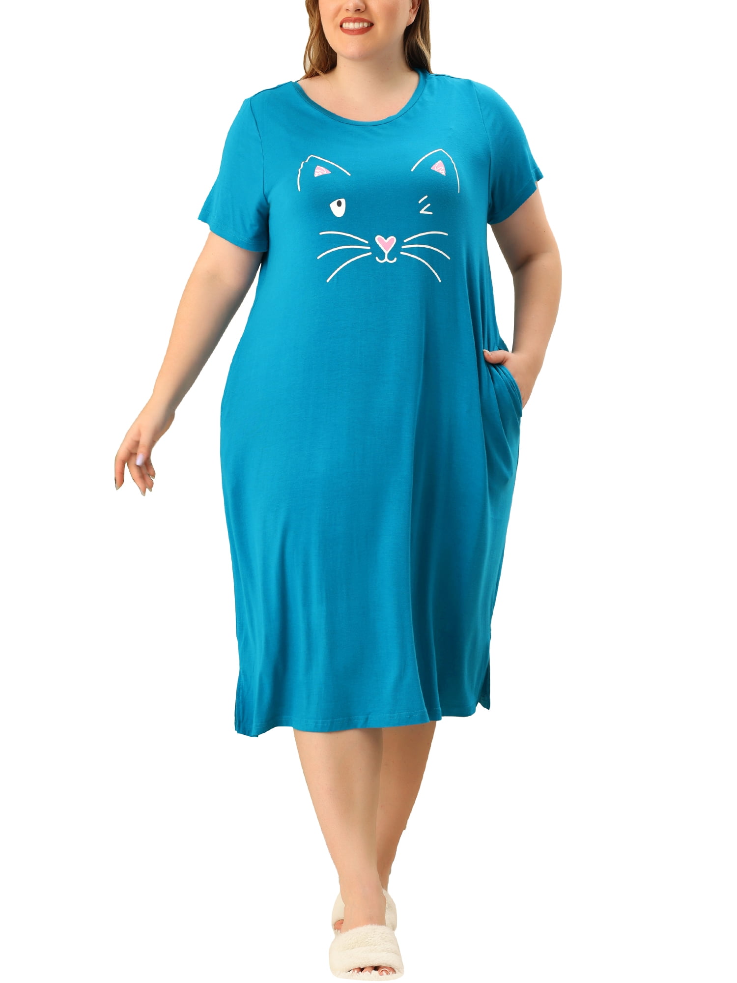 Unique Bargains Women's Plus Nightgown Short Sleeve Cat Print ...