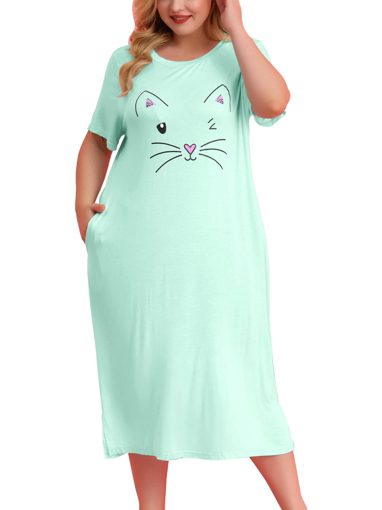Unique Bargains Women's Plus Size Cat Print Short Sleeve Nightgown ...