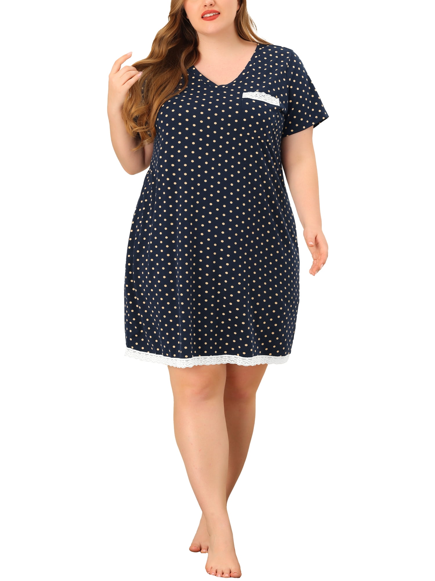 Unique Bargains Women's Plus Nightgown V Neck Dots Short Sleeve ...