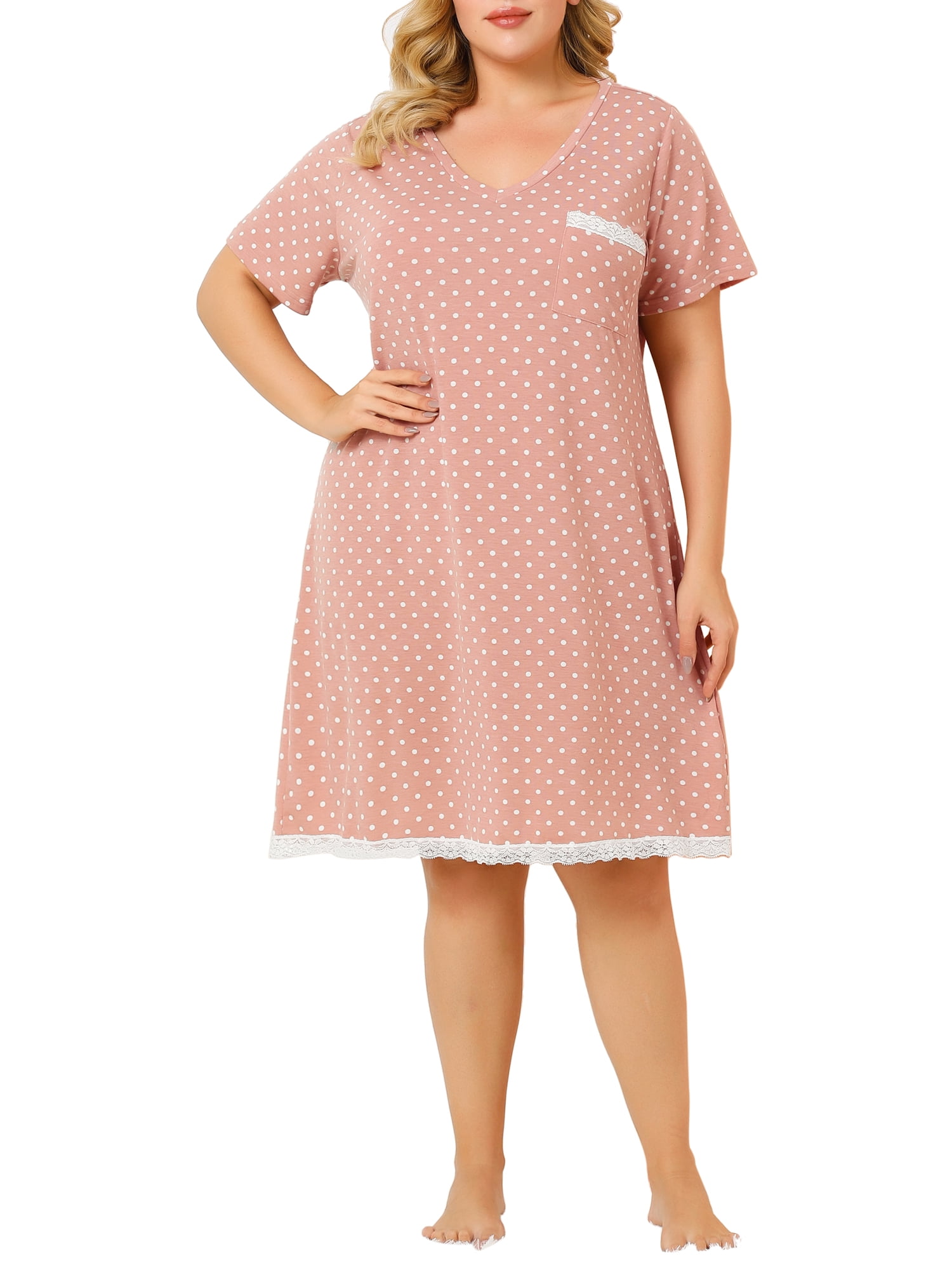 Unique Bargains Women's Plus Nightgown V Neck Dots Short Sleeve ...