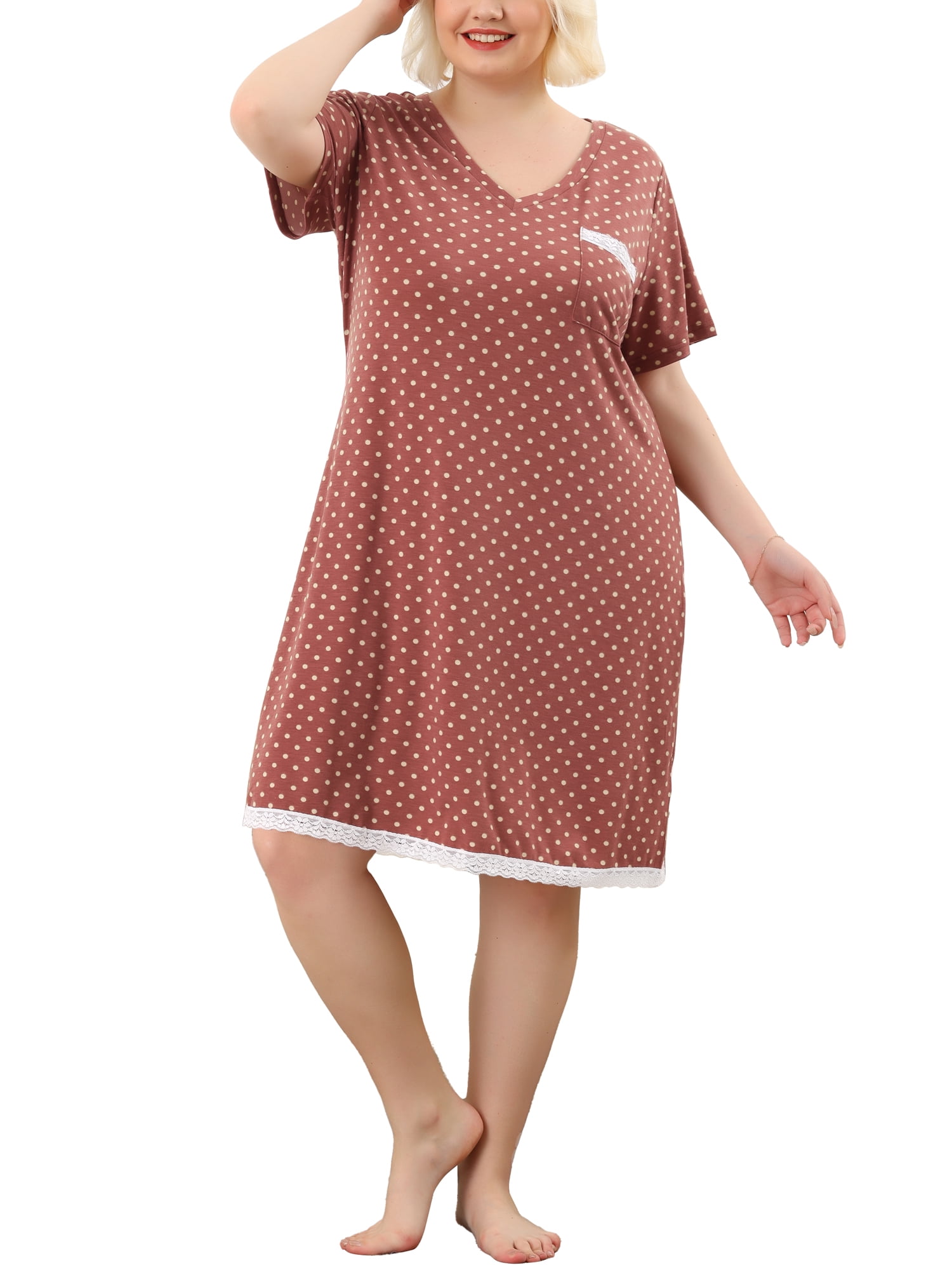Unique Bargains Women's Plus Nightgown V Neck Dots Short Sleeve ...