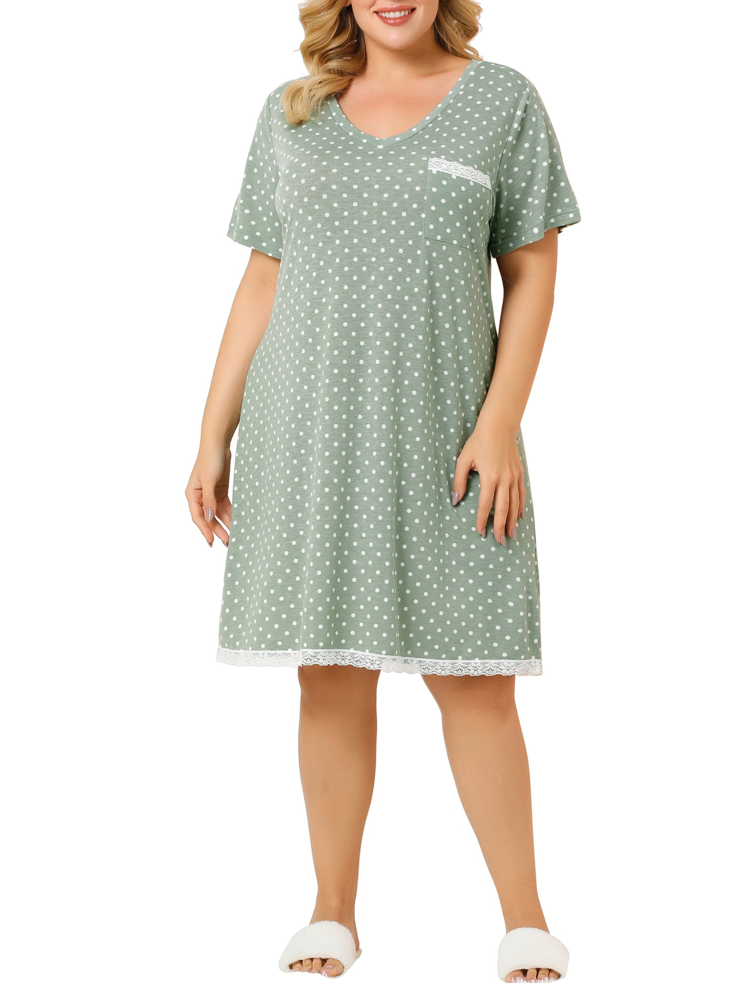 Unique Bargains Women's Plus Nightgown V Neck Dots Short Sleeve ...