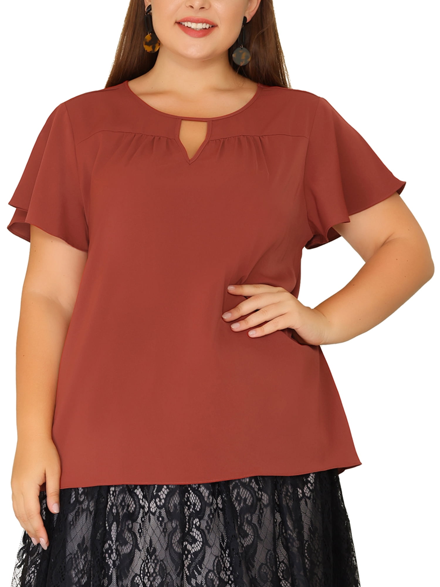 Unique Bargains Women's Plus Ruffle Short Sleeve Keyhole Chiffon Blouse ...