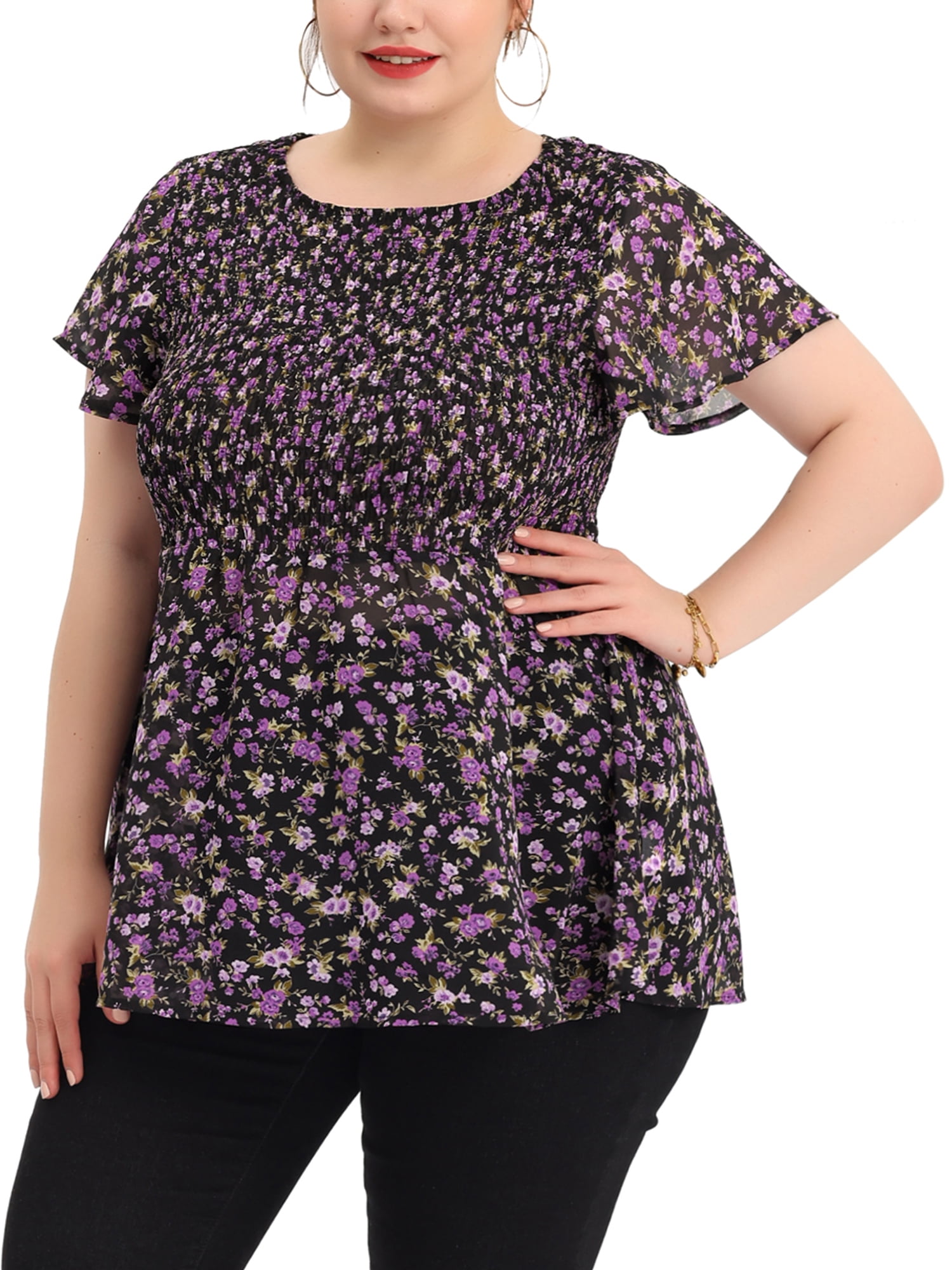 Unique Bargains Women's Plus Size Babydoll Chiffon Smocked Waist Floral Peplum Tops Black 4X ...