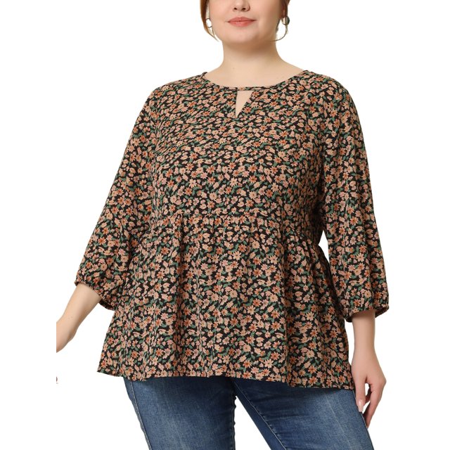 Unique Bargains Women's Plus Size Babydoll Round Neck Elbow Sleeve Floral Tops 3X Black Beige ...