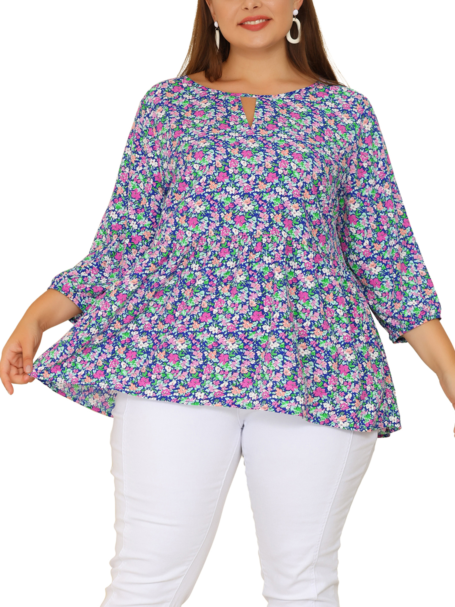 Unique Bargains Women's Plus Size Babydoll Round Neck Elbow Sleeve Floral Tops 4X Blue - Walmart.com