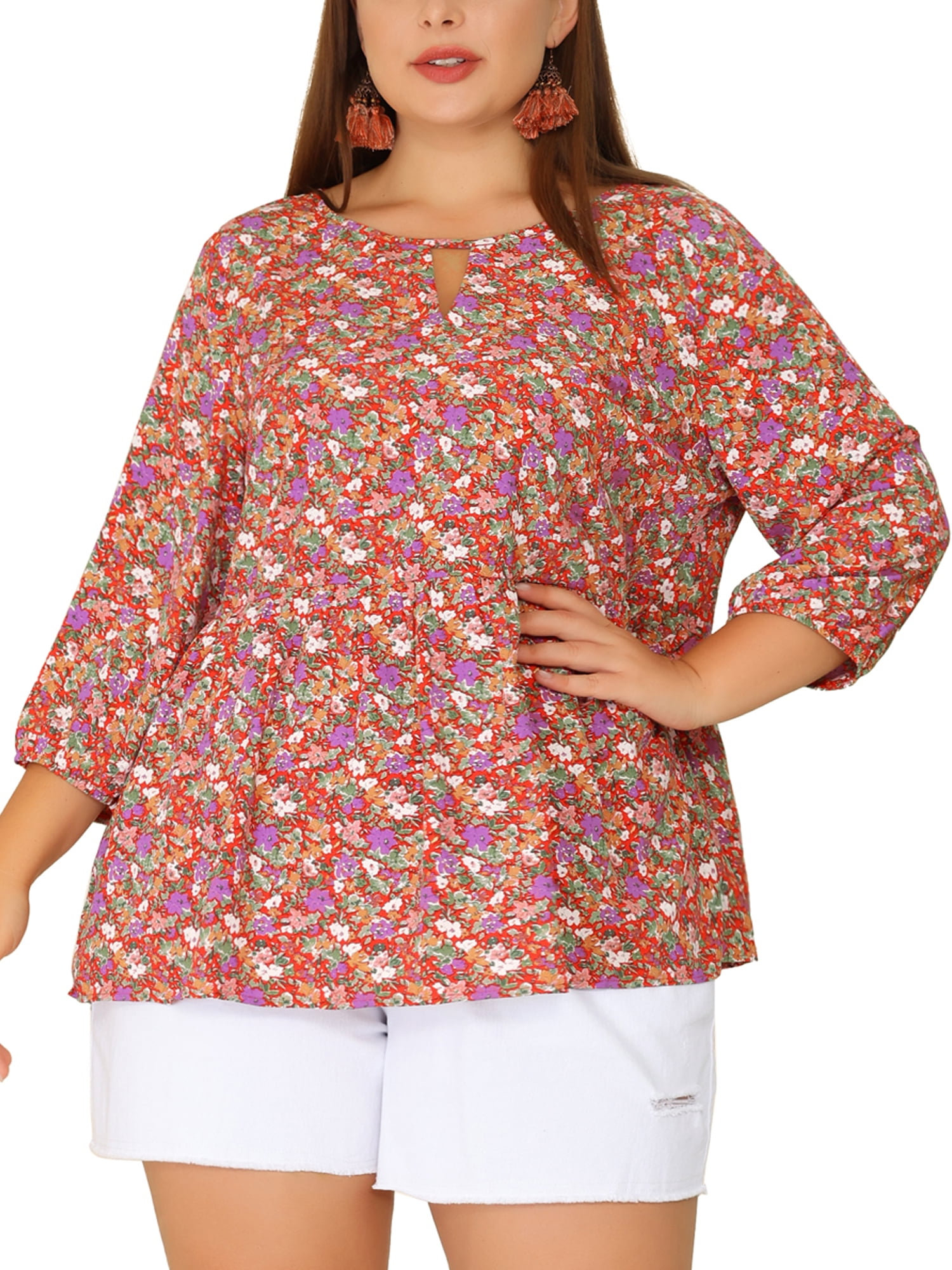 Unique Bargains Women's Plus Size Babydoll Round Neck Elbow Sleeve Floral Tops 4X Red - Walmart.com