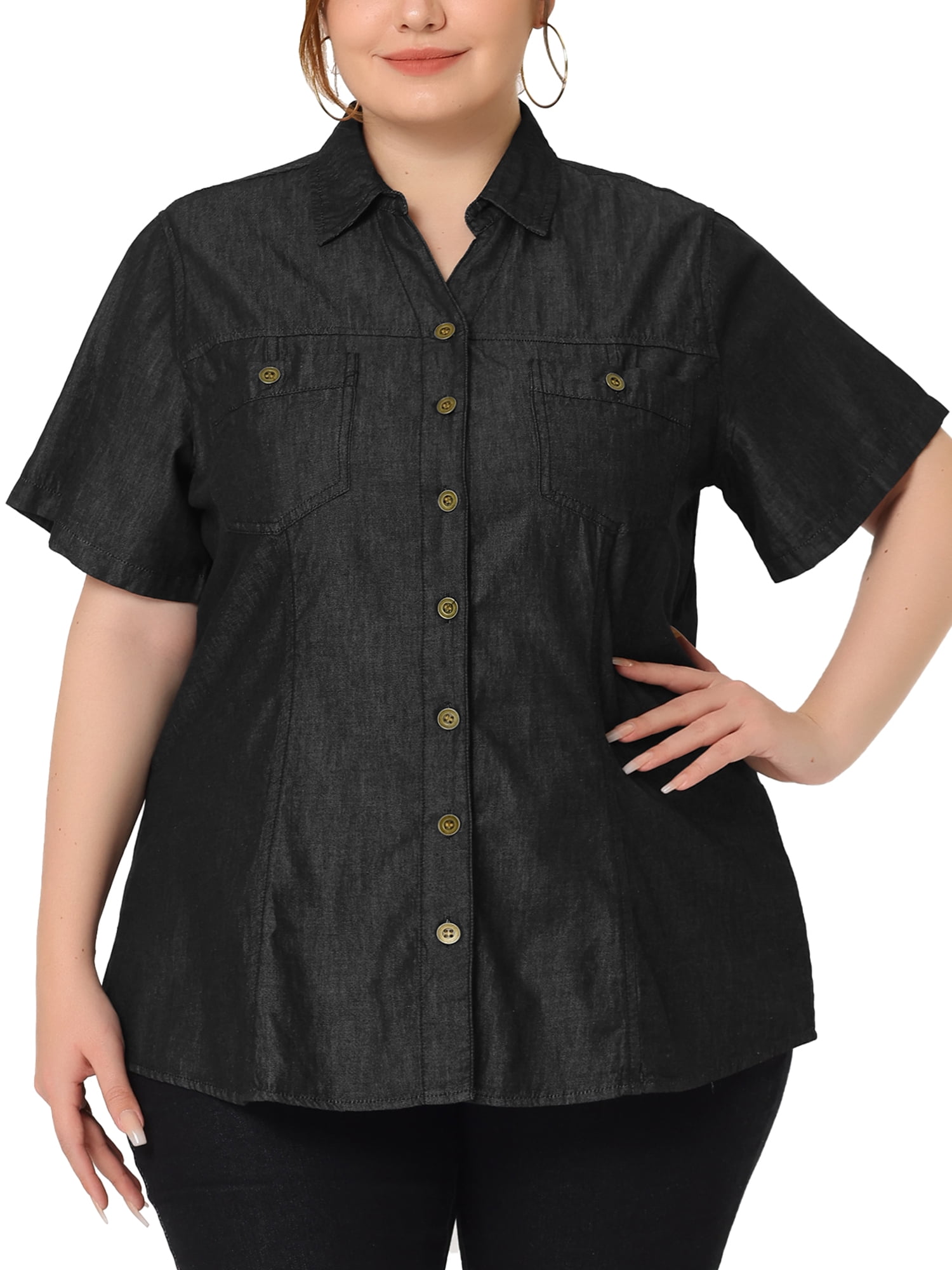 DARING DIVA Women's Plus Blouse Chest Pocket Button Down Demin Shirt 4X ...