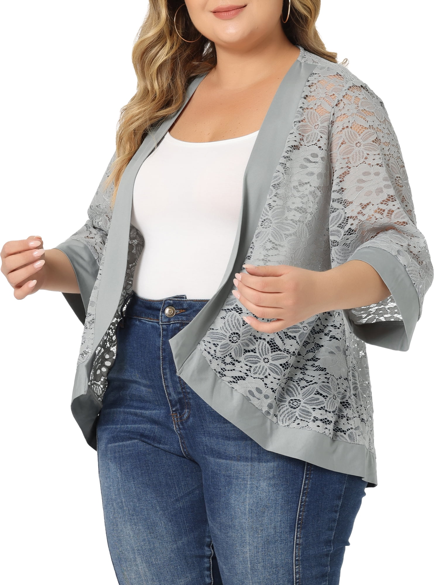 DARING DIVA Plus Size Bolero Outfits Lace Panel Sheer Cardigans 2X Gray ...