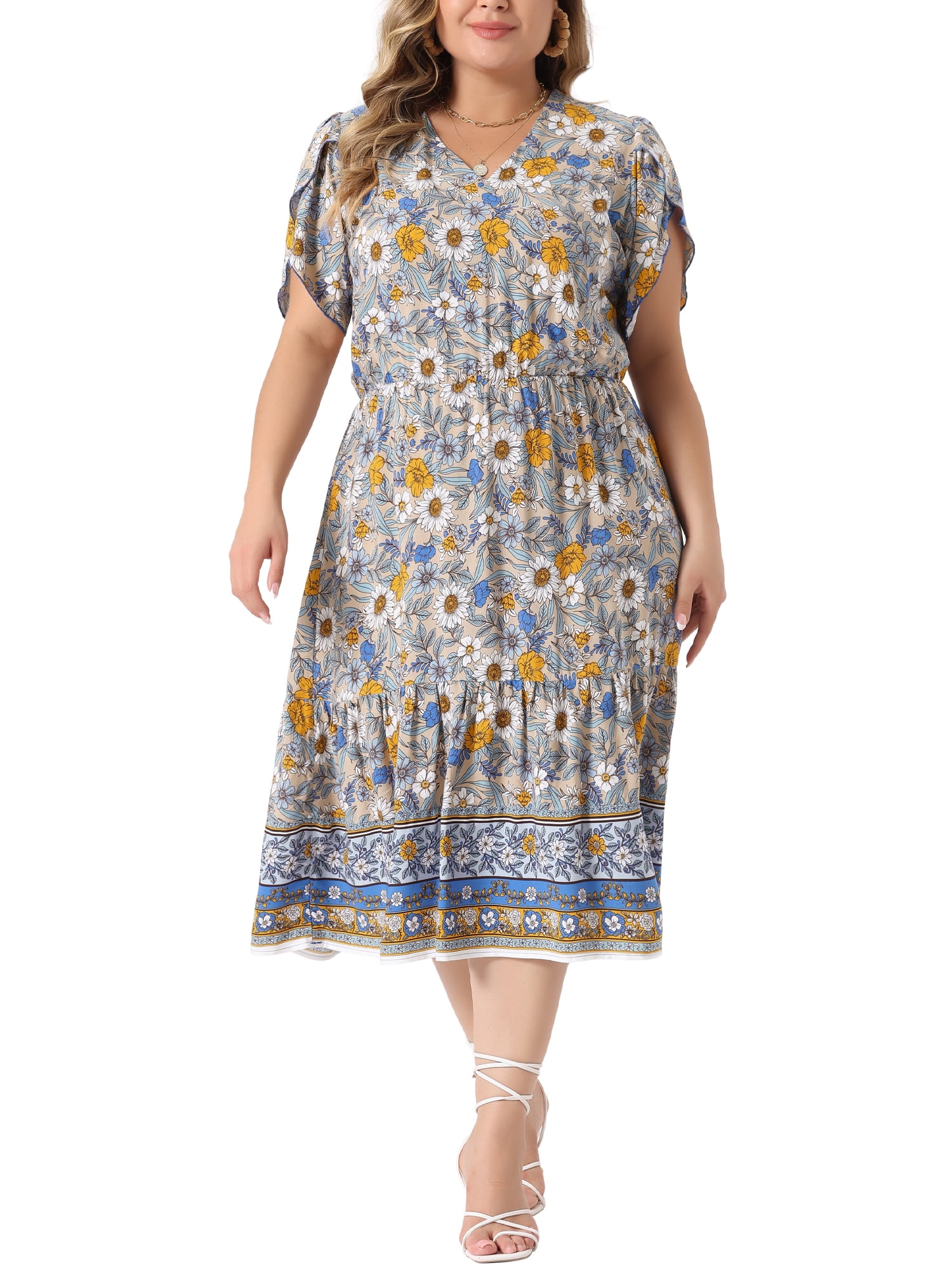 Unique Bargains Women's Plus Size V Neck Floral Print Midi Dress 1X Beige Summer - Walmart.com