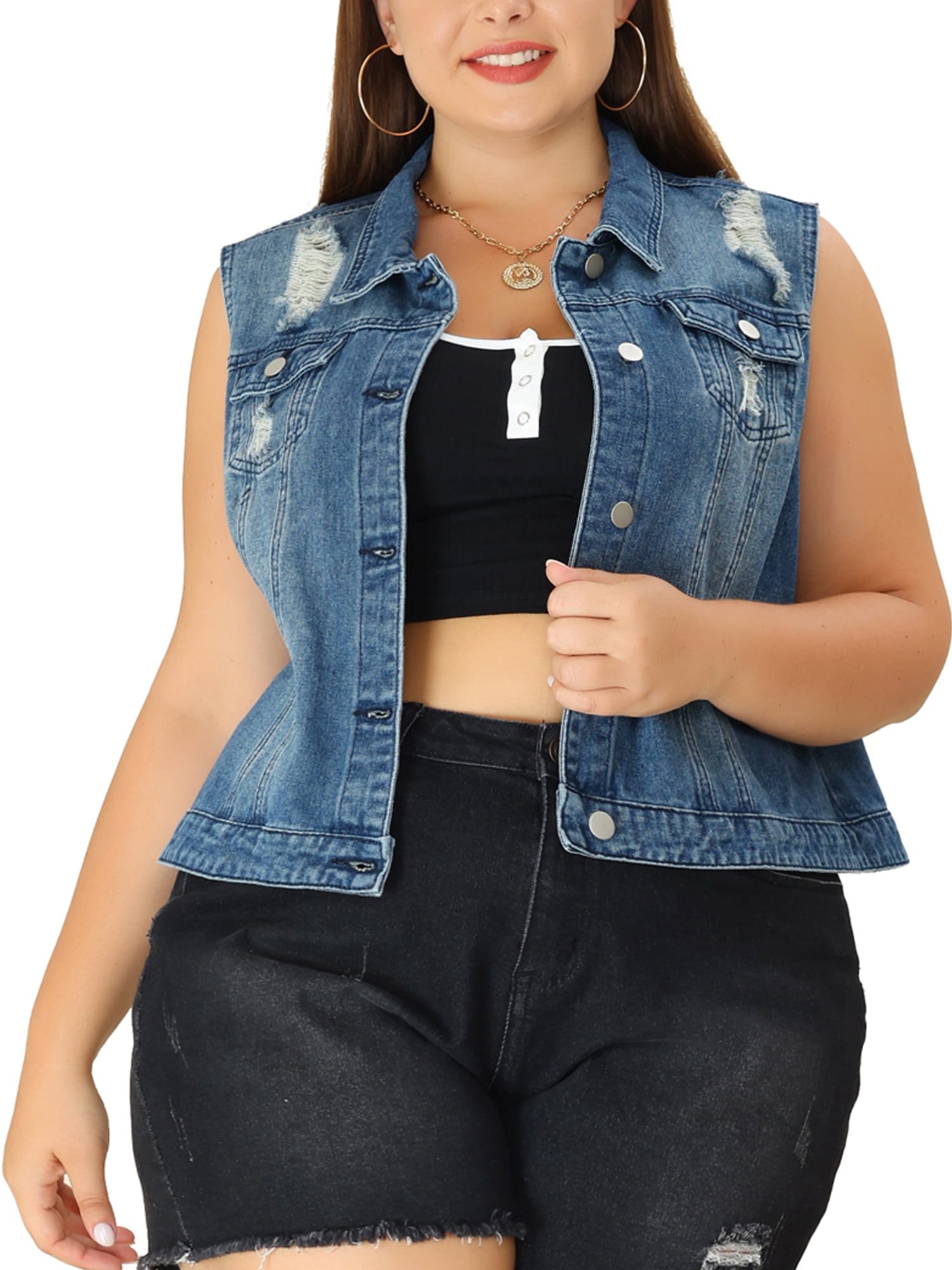 Unique Bargains Women's Plus Size Chest Pockets Single Breasted Denim ...