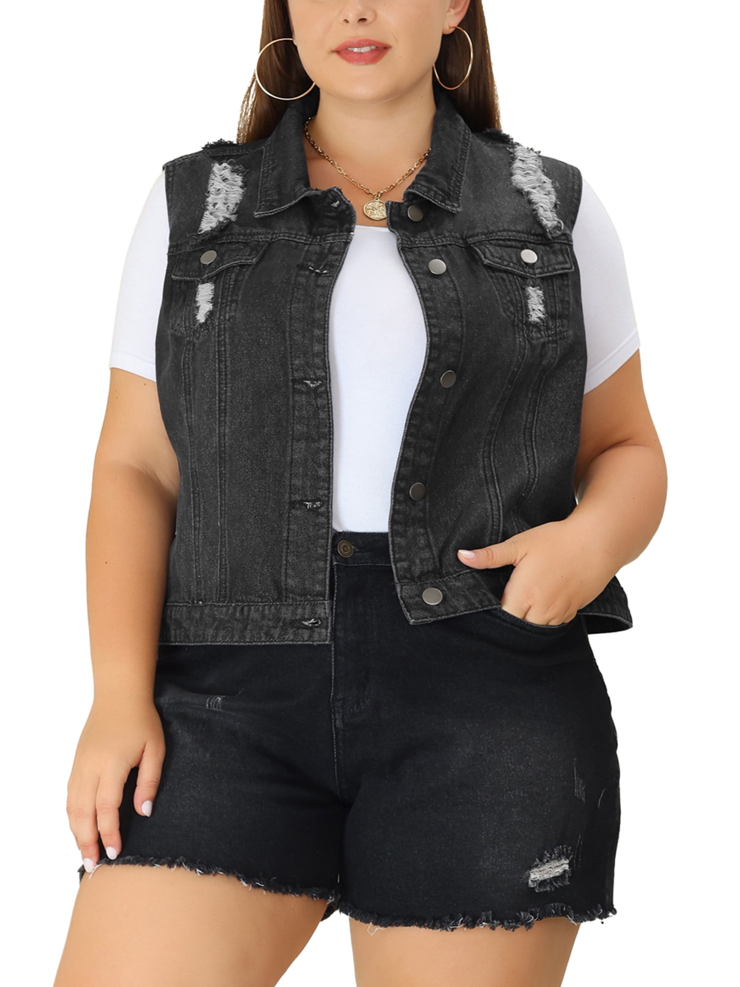 Unique Bargains Women's Plus Size Chest Pockets Single Breasted Denim ...
