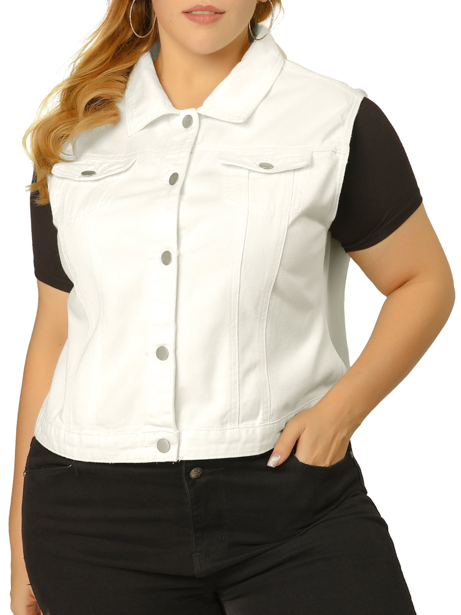 Unique Bargains Women's Plus Size Chest Pockets Single Breasted Denim ...