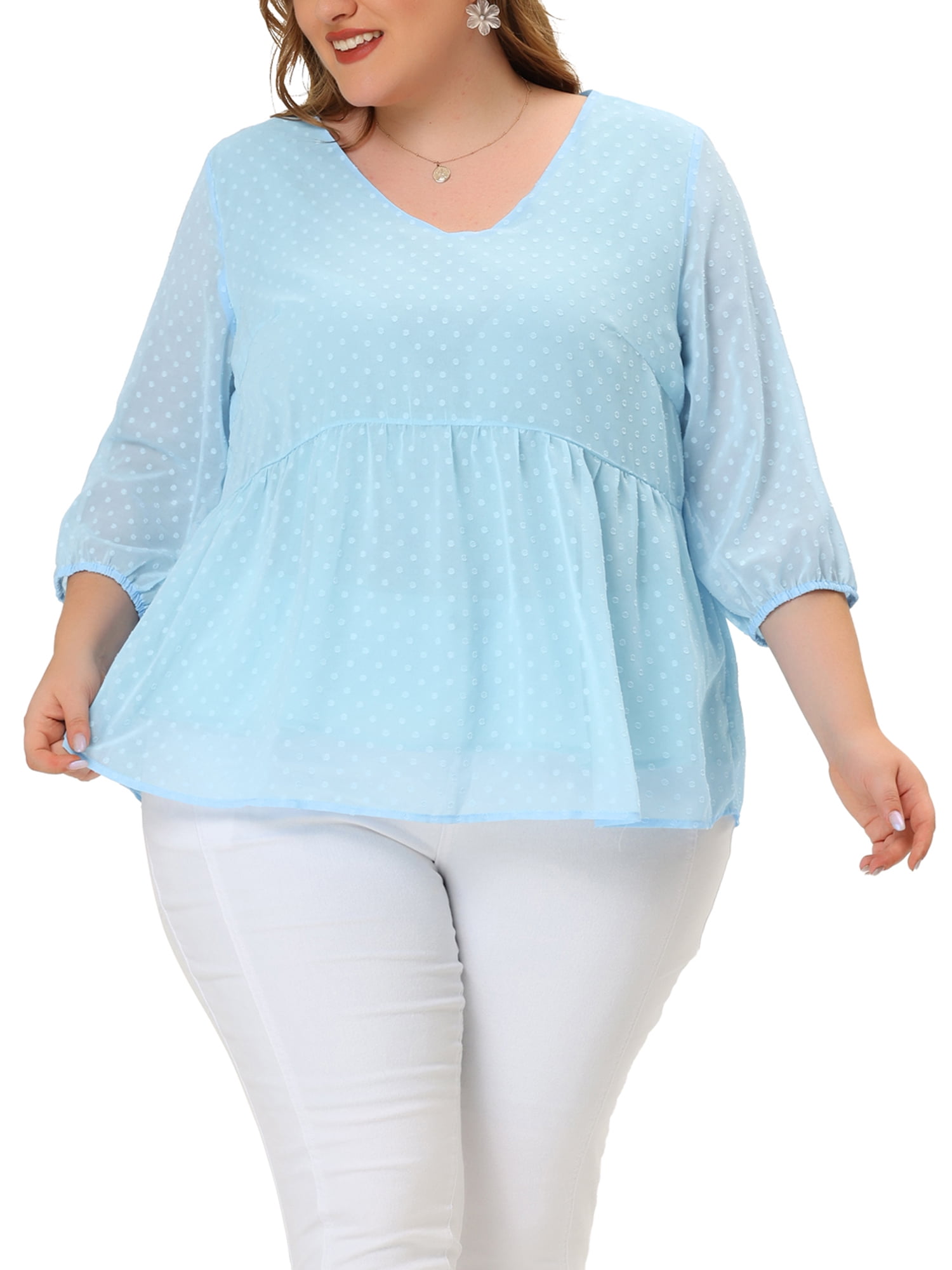 Unique Bargains Women's Plus Size Chiffon Tops Babydoll Swiss Dots ...