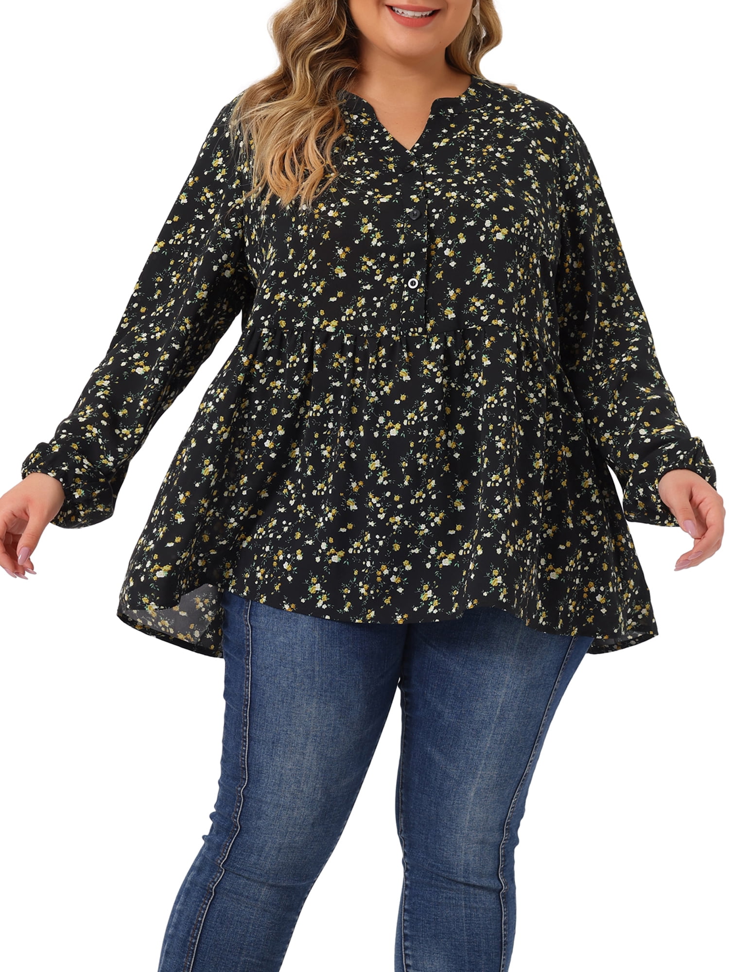 Unique Bargains Women's Plus Size Elegant V Neck Long Sleeve Chiffon ...