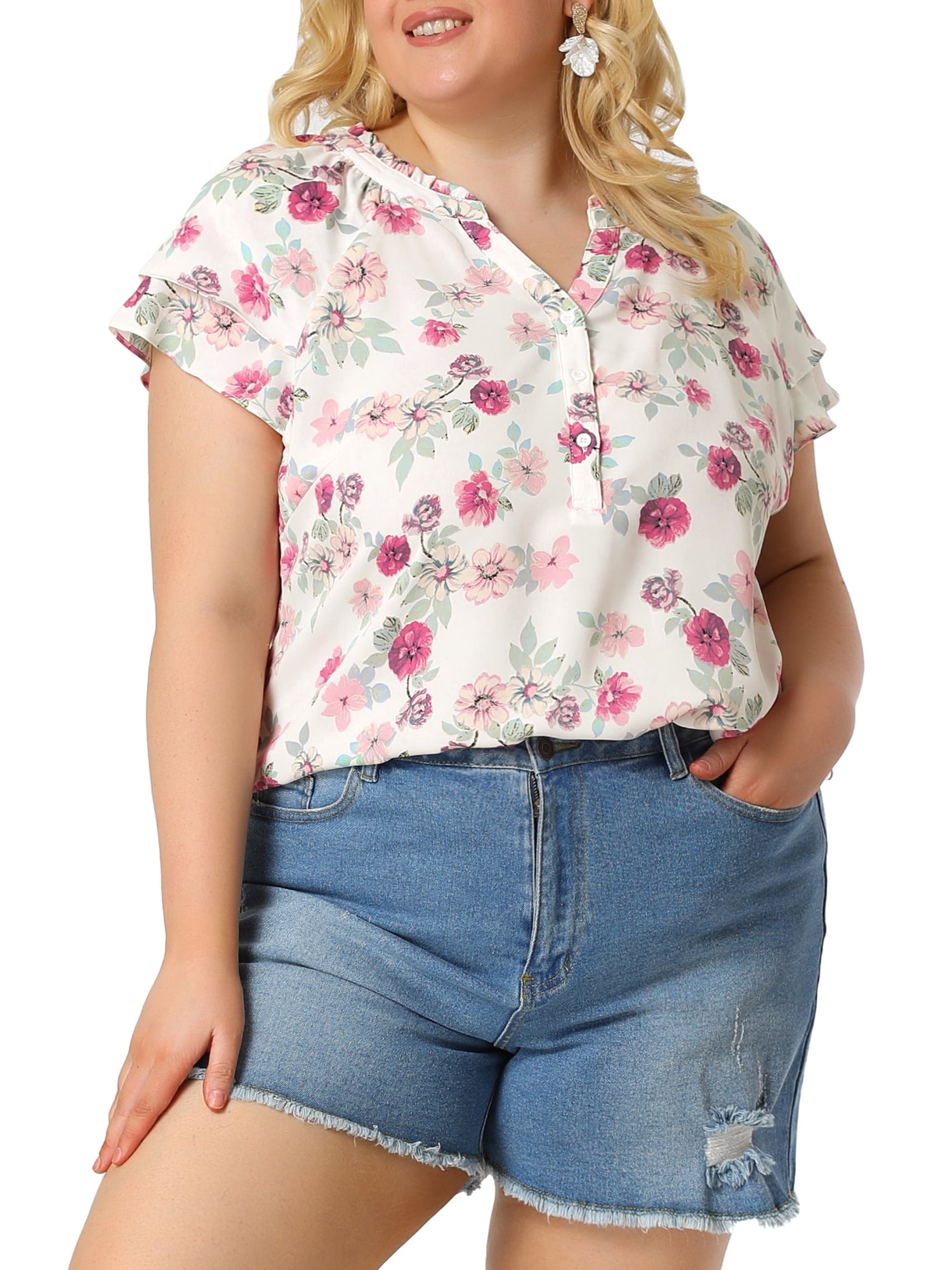 Unique Bargains Women's Plus Size Floral Ruffle Trim V Neck Layered Sleeve Top - Walmart.com