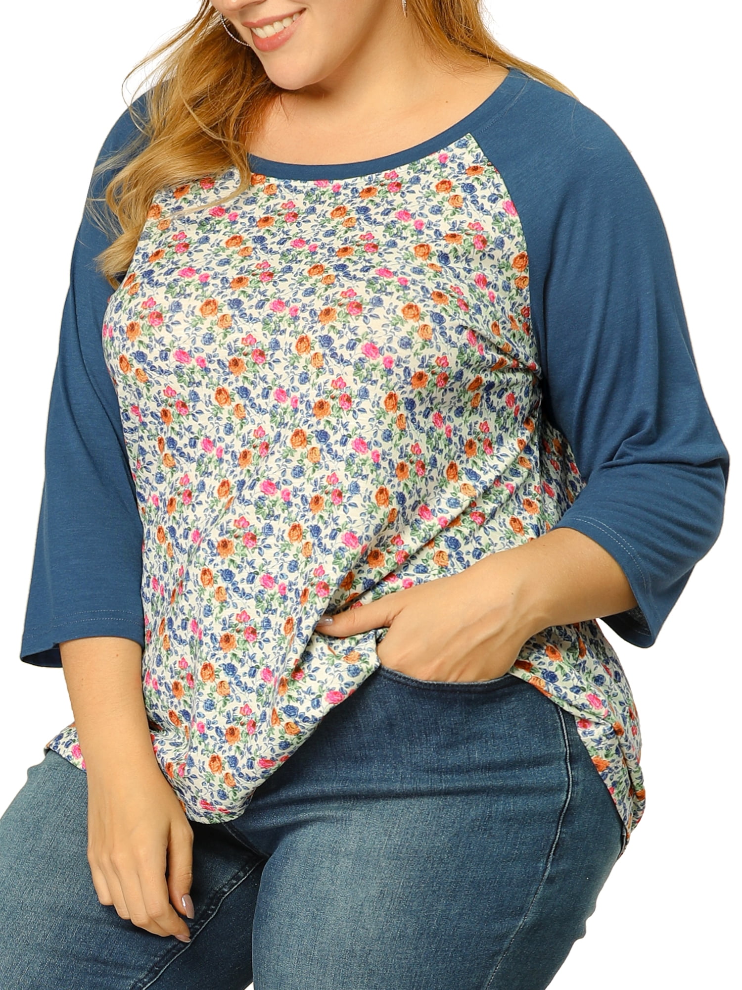 Unique Bargains Womens Plus Size Floral Scoop Neck 3 4 Raglan Sleeves
