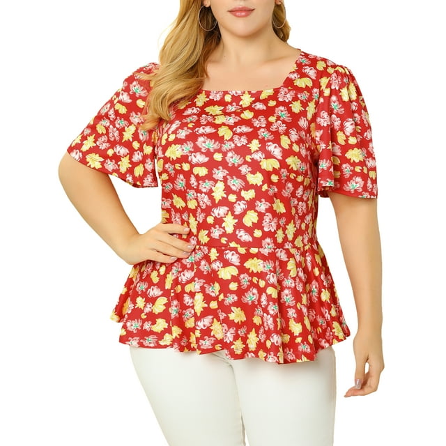 Unique Bargains Womens Plus Size Floral Square Neck Vintage Peplum Top