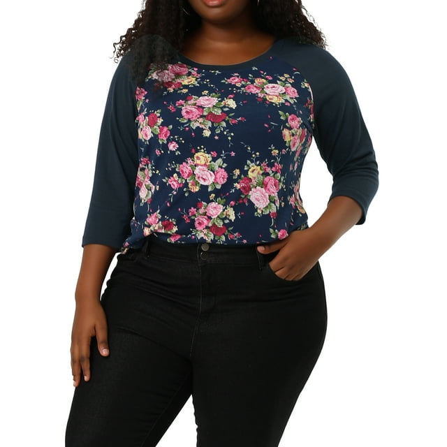 Unique Bargains Womens Plus Size Floral Tops Round Neck 3 4 Sleeves