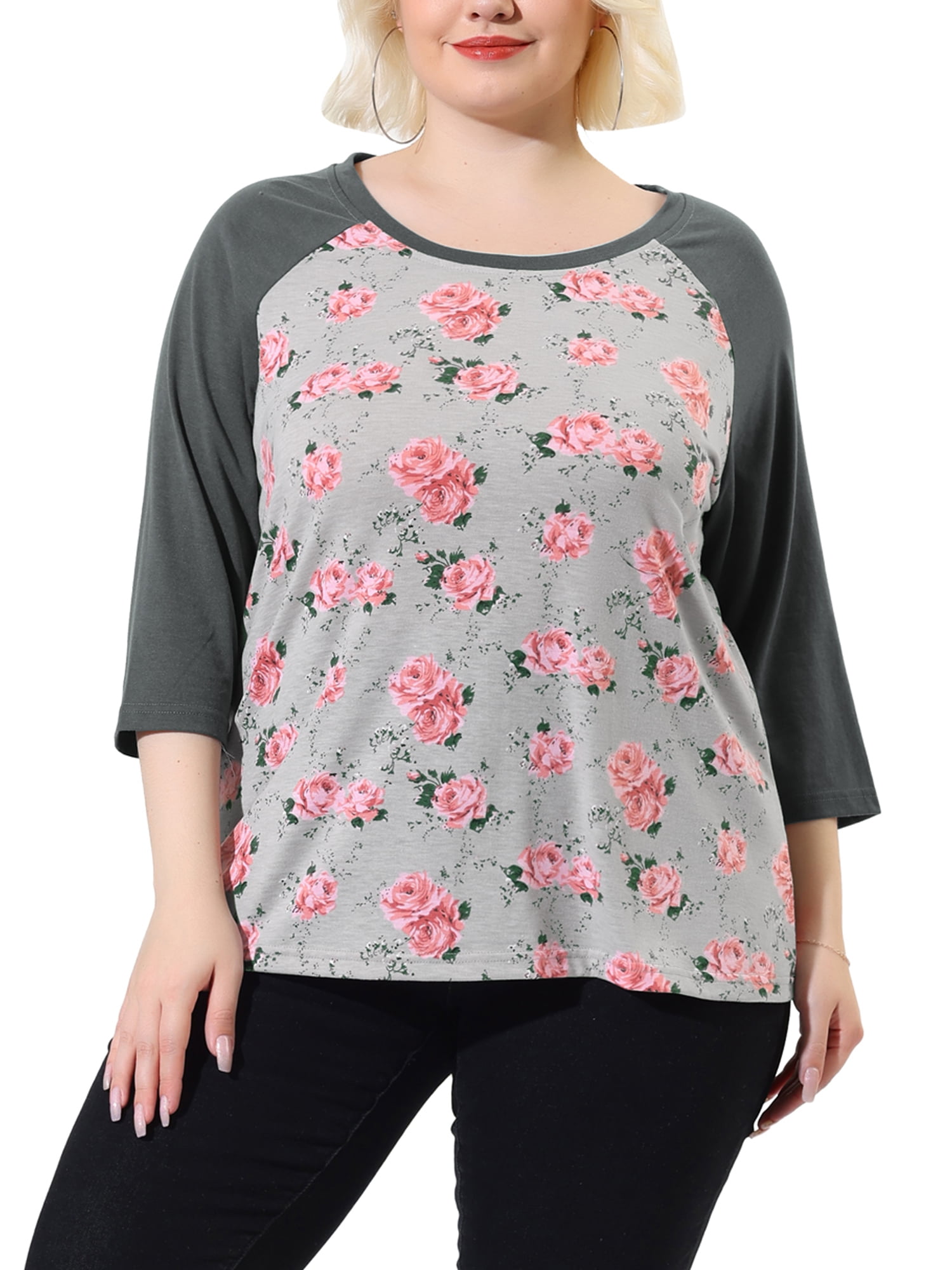 Unique Bargains Women's Plus Size Floral Tops Round Neck 3/4 Sleeves ...