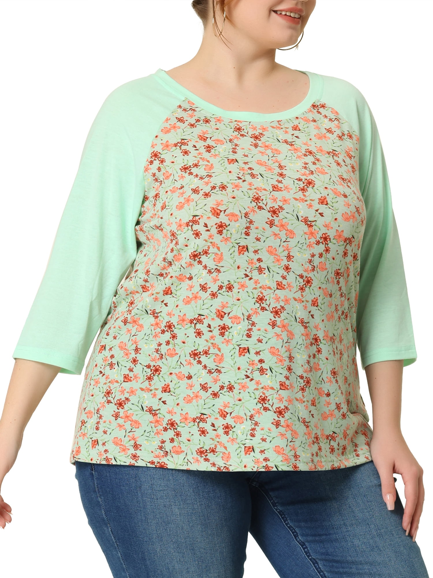 Unique Bargains Women's Plus Size Floral Tops Round Neck 3/4 Sleeves ...