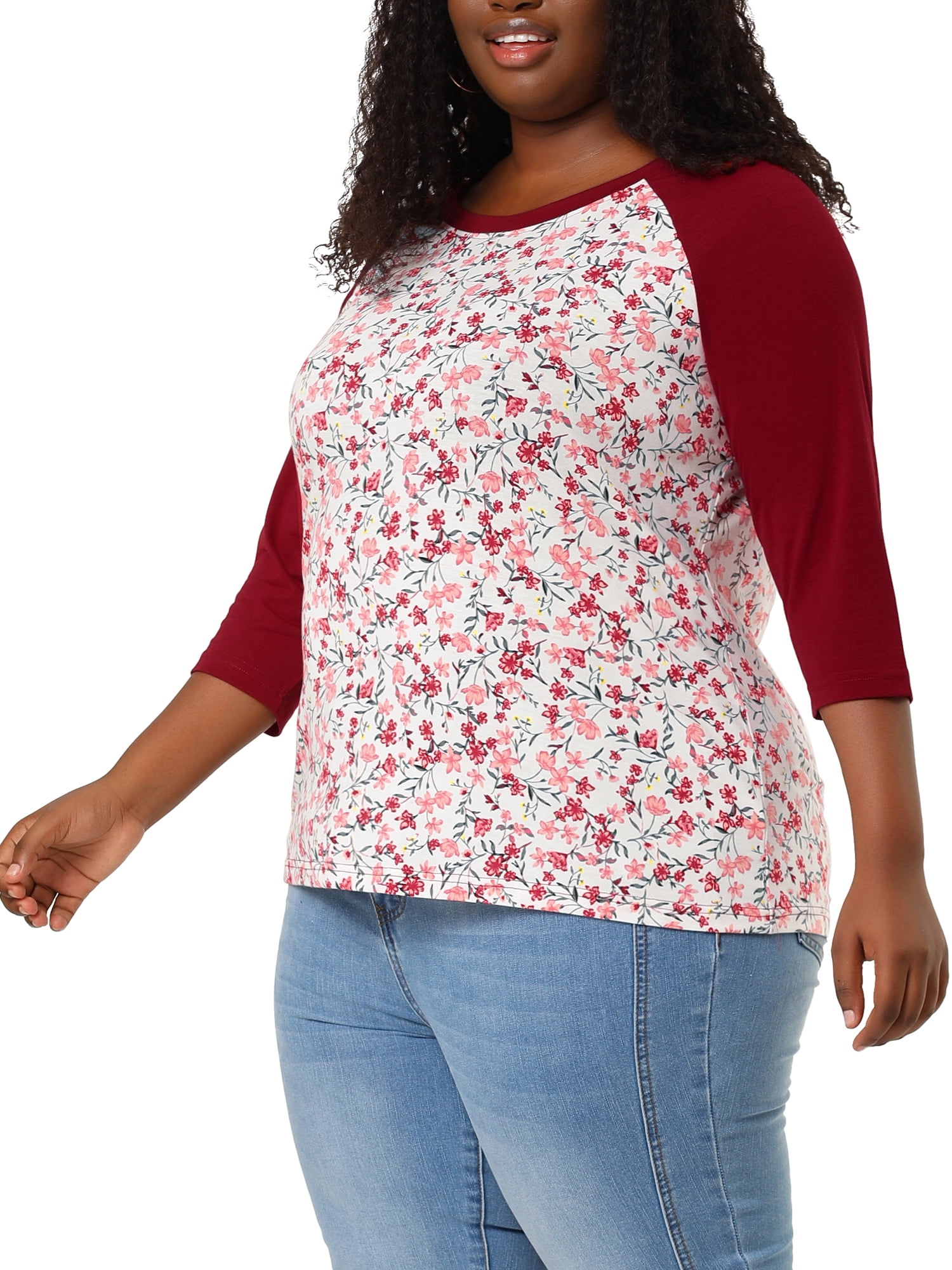 Unique Bargains Women's Plus Size Floral Tops Round Neck 3/4 Sleeves ...