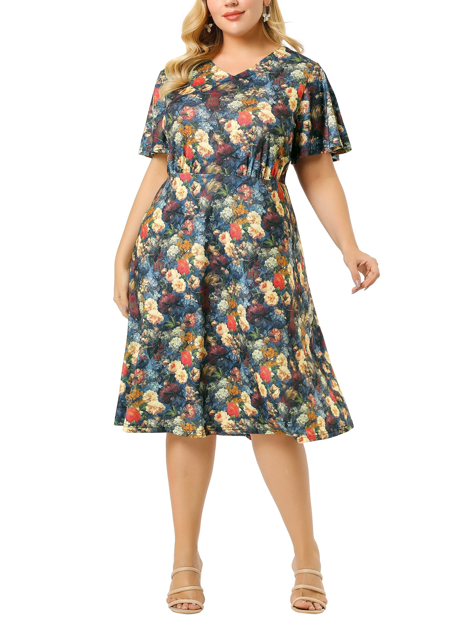 Unique Bargains Women's Plus Size Floral V Neck Short Sleeve Midi ...