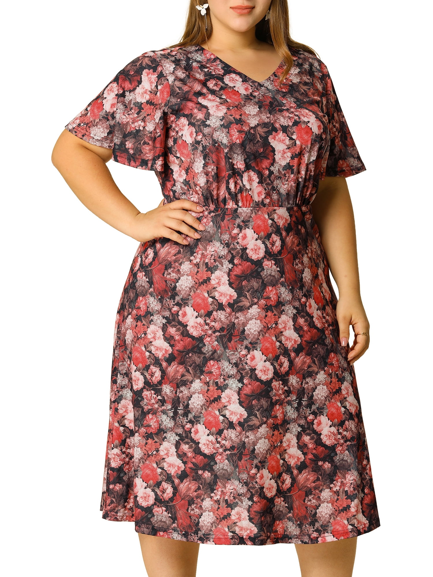 Unique Bargains Women's Plus Size Floral V Neck Short Sleeve Midi ...