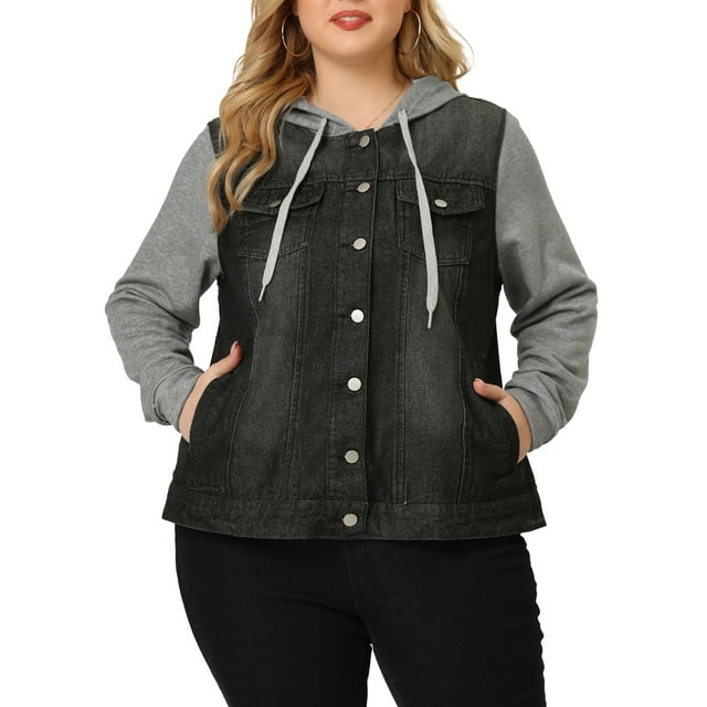 Unique Bargains Women's Plus Size Jean Drawstring Hood Denim Jacket ...