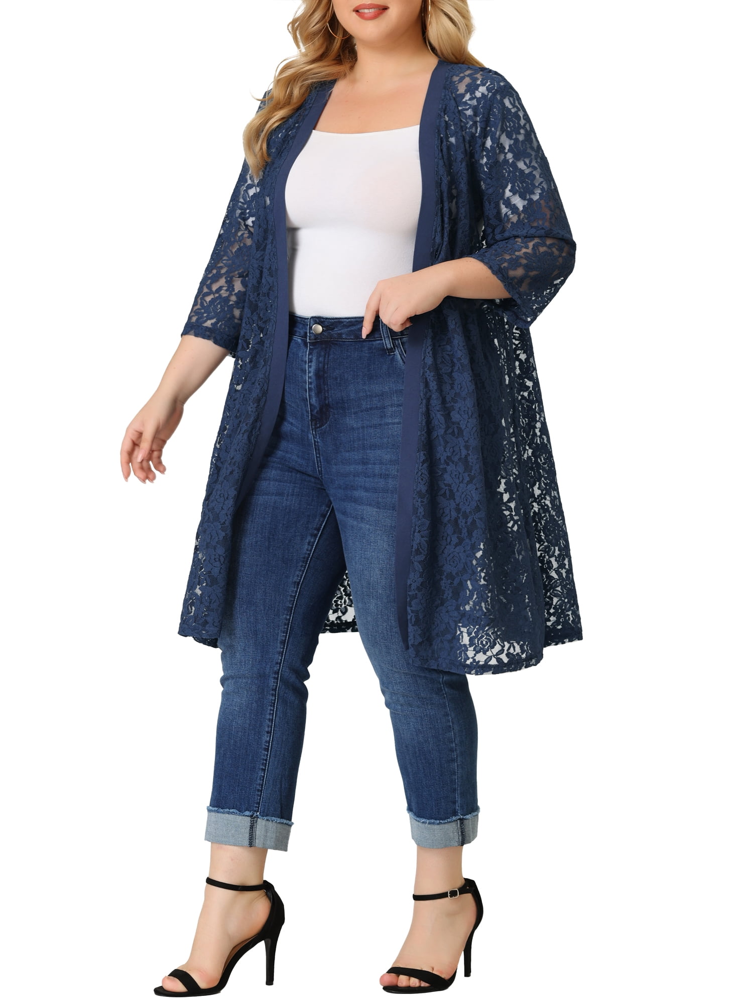 Unique Bargains Women's Plus Size Open Front 3/4 Sleeve Lace Mid-length ...