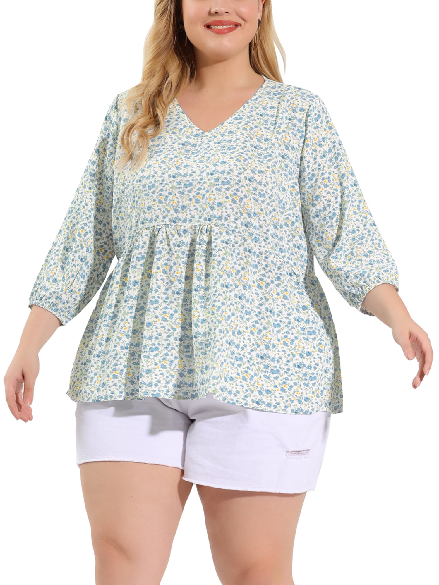 Unique Bargains Women's Plus Size Outfits Fashion Floral Ruffle Flowy Babydoll Blouse - Walmart.com