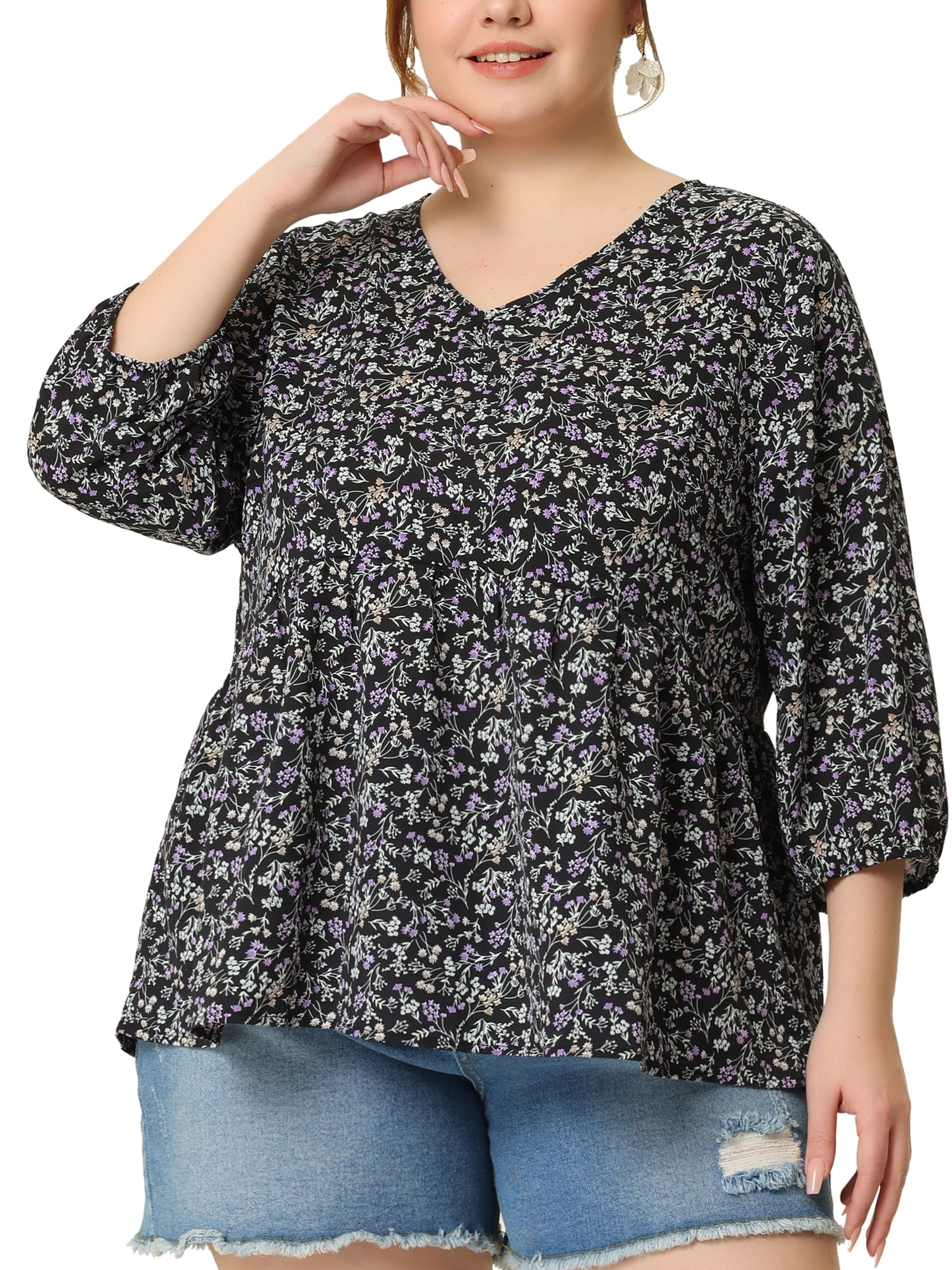 Unique Bargains Women's Plus Size Outfits Fashion Floral Ruffle Flowy Babydoll Blouse - Walmart.com