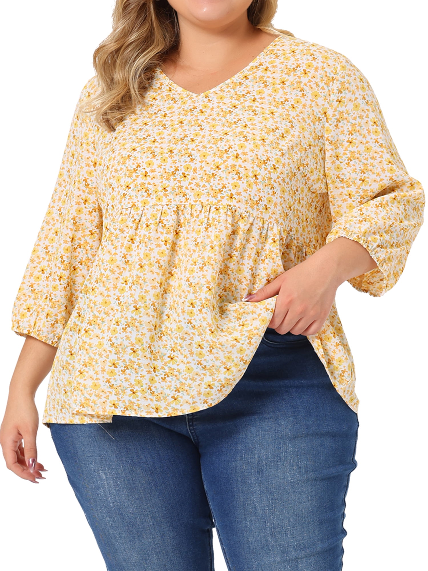 Unique Bargains Women's Plus Size Outfits Fashion Floral Ruffle Flowy Babydoll Blouse - Walmart.com