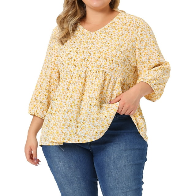 Unique Bargains Women's Plus Size Outfits Fashion Floral Ruffle Flowy Babydoll Blouse - Walmart.com