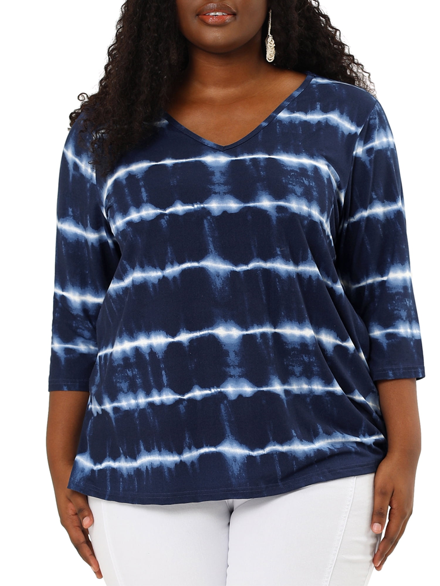 Unique Bargains Women's Plus Size Tie Dye V Neck 3/4 Sleeve Top 1X Blue Casual Shirt - Walmart.com