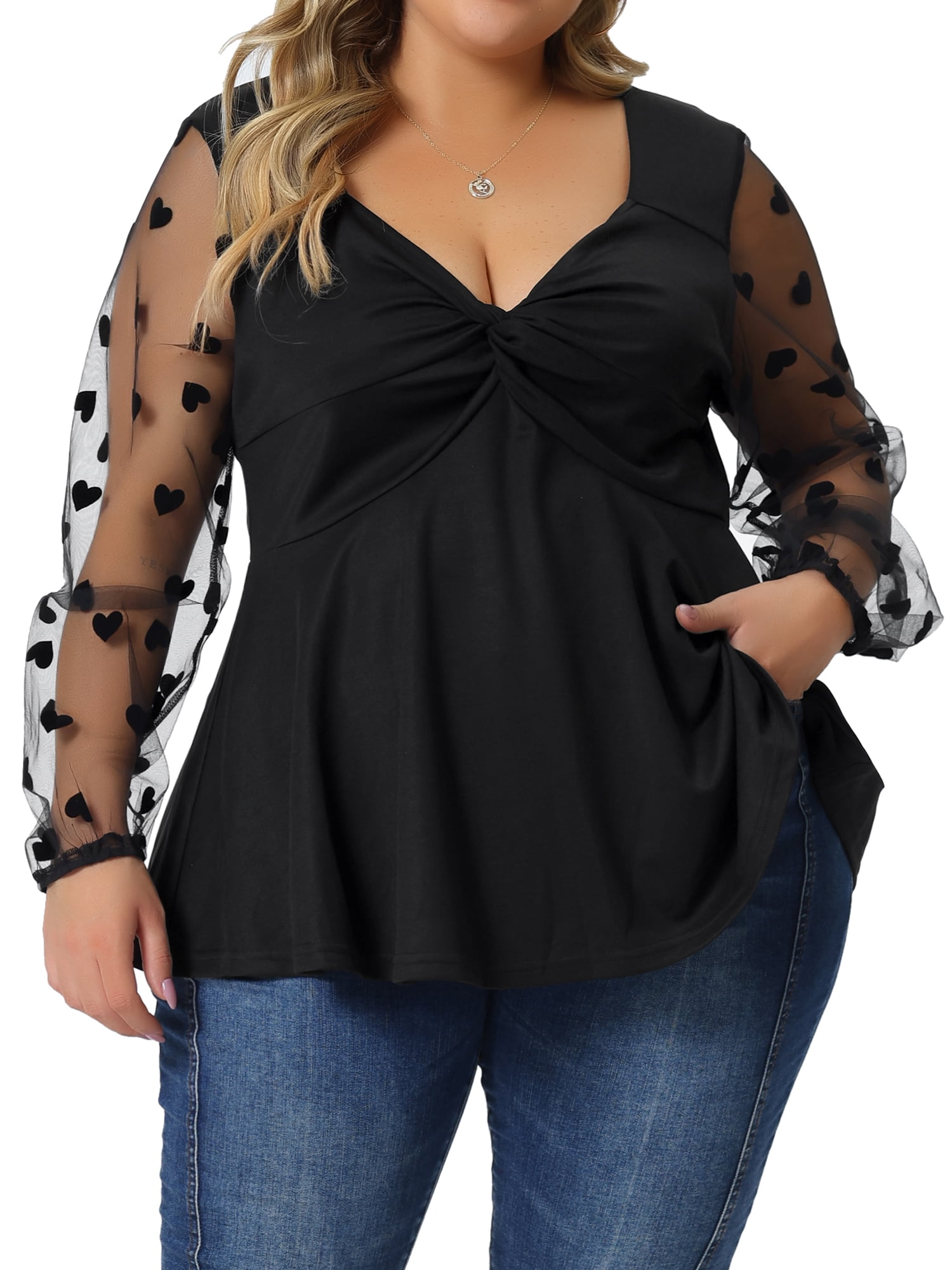 Unique Bargains women's Plus Size Panel Heart Sheer Mesh Blouse - Black ...