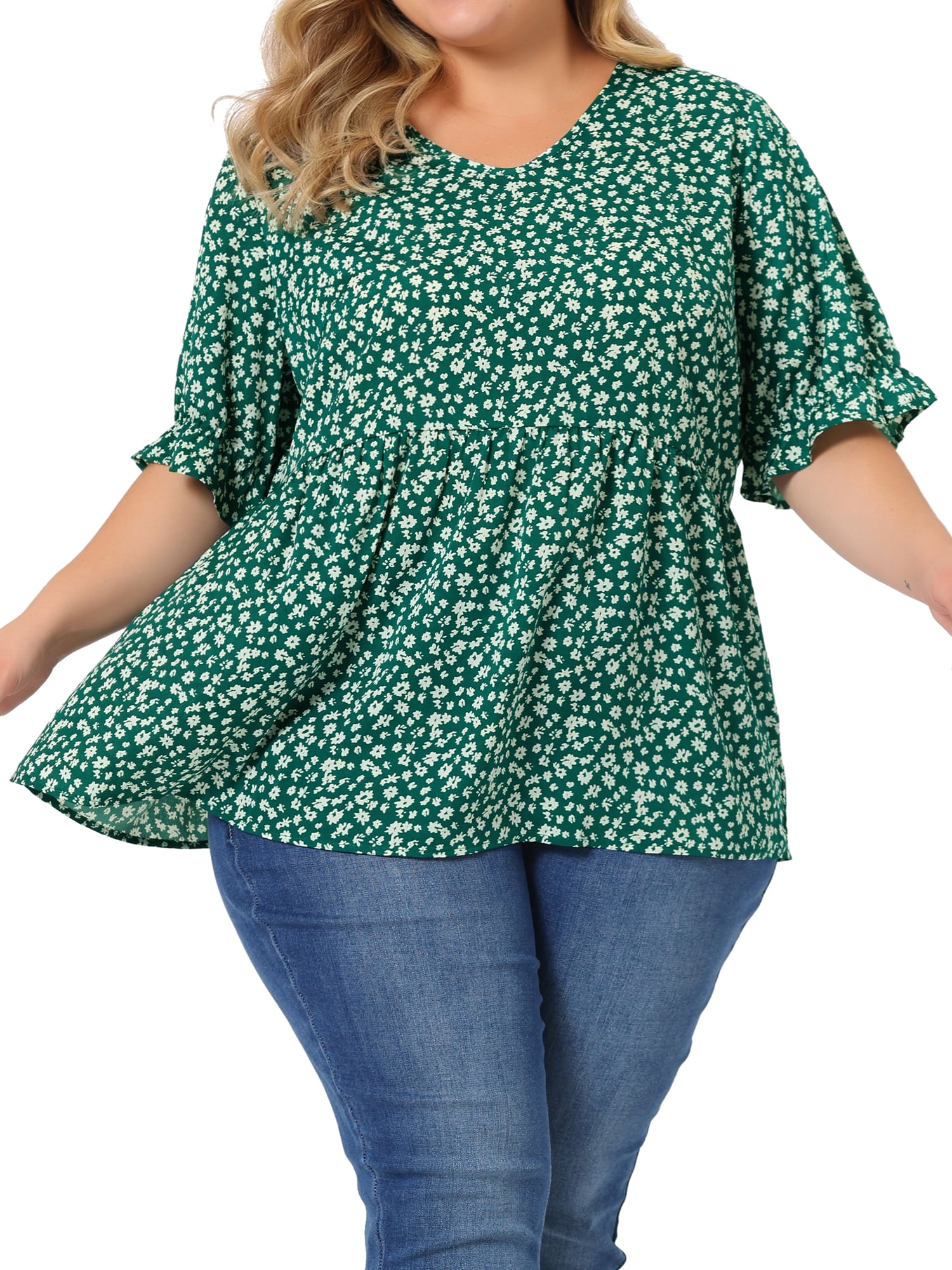 Unique Bargains Women's Plus Size Floral Ruffle Sleeve Babydoll Blouse - Walmart.com