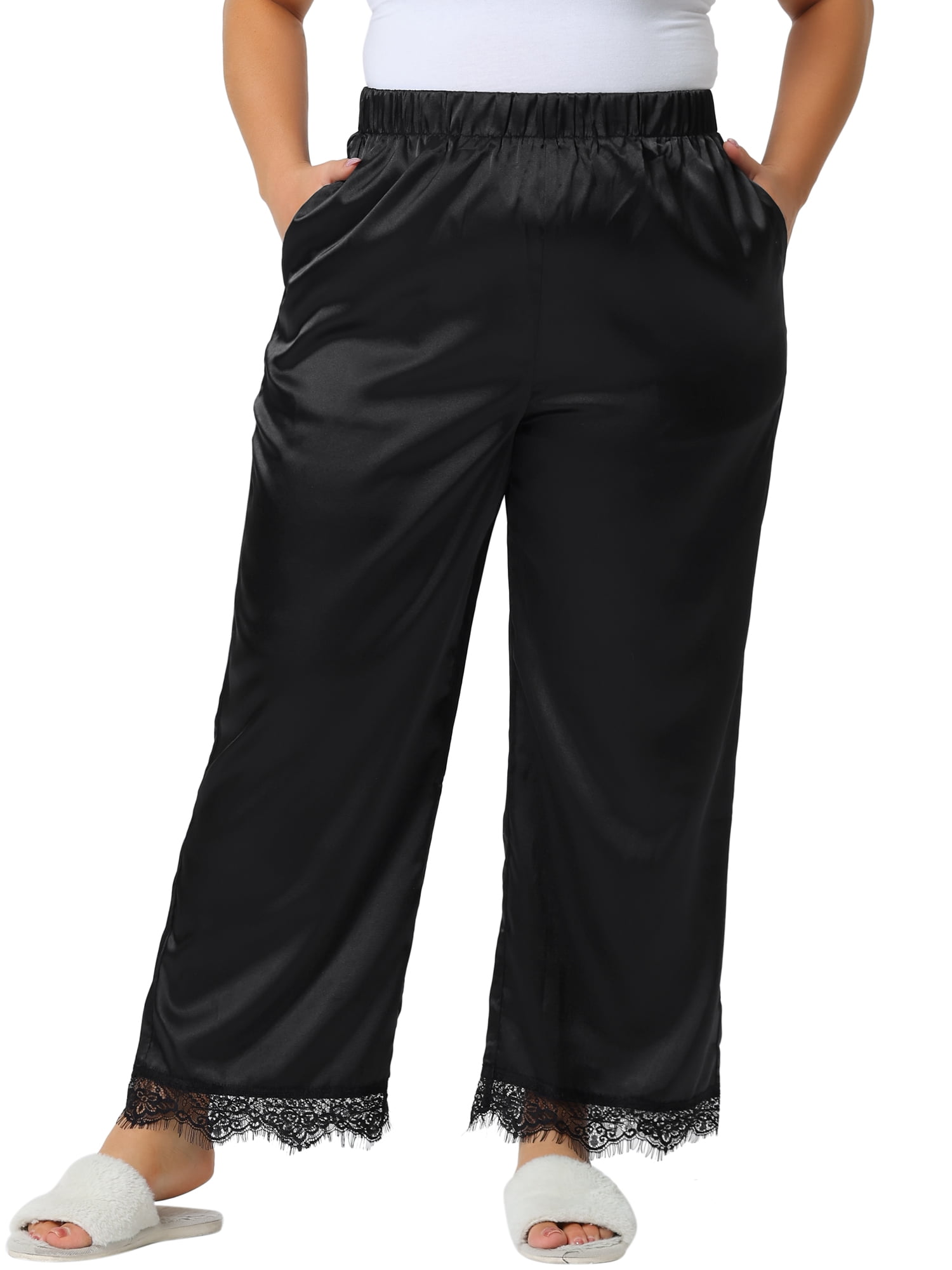 Unique Bargains Women's Plus Size Satin Lace Trim Pajama Pants 3X Black ...