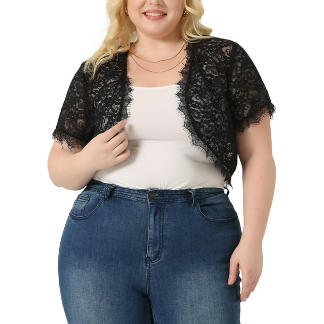 Unique Bargains Women's Plus Size Sheer Shrug Cardigan Floral Lace ...