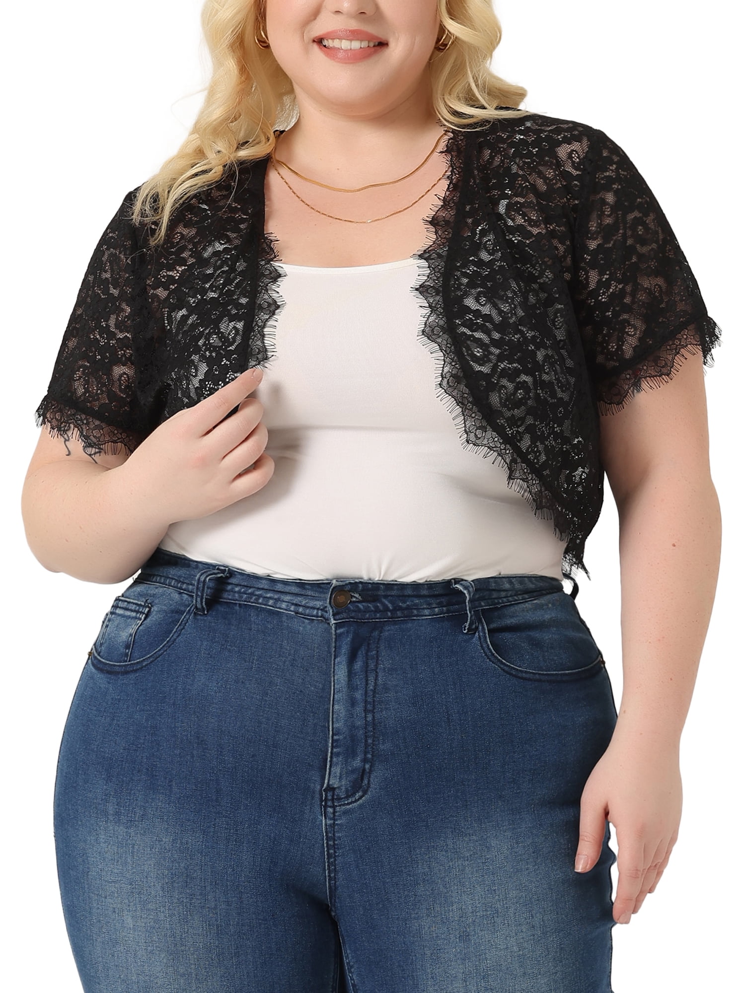 Unique Bargains Women's Plus Size Sheer Shrug Cardigan Floral Lace ...