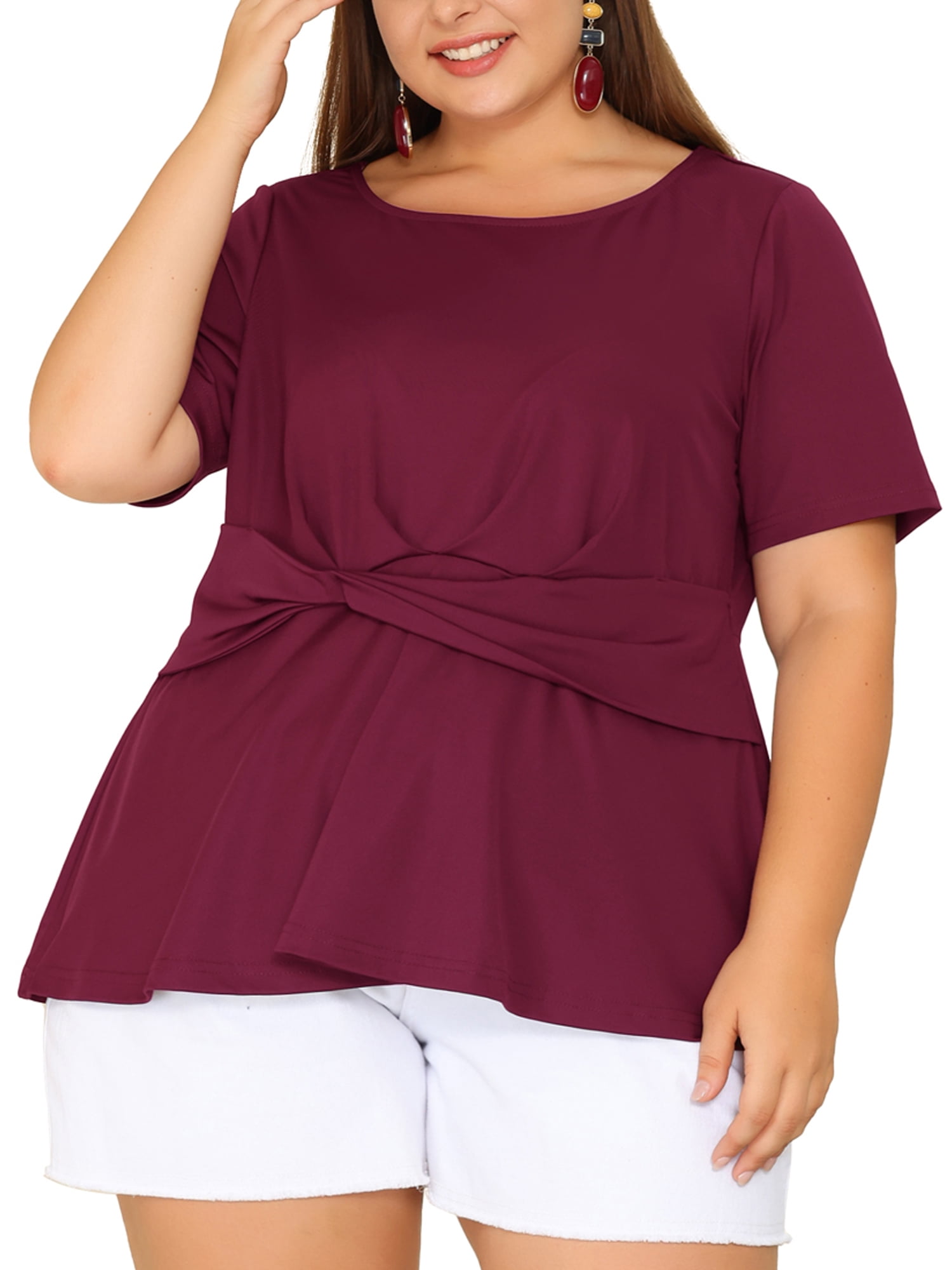 Unique Bargains women's Plus Size Short Sleeve Wrap Peplum Tops ...